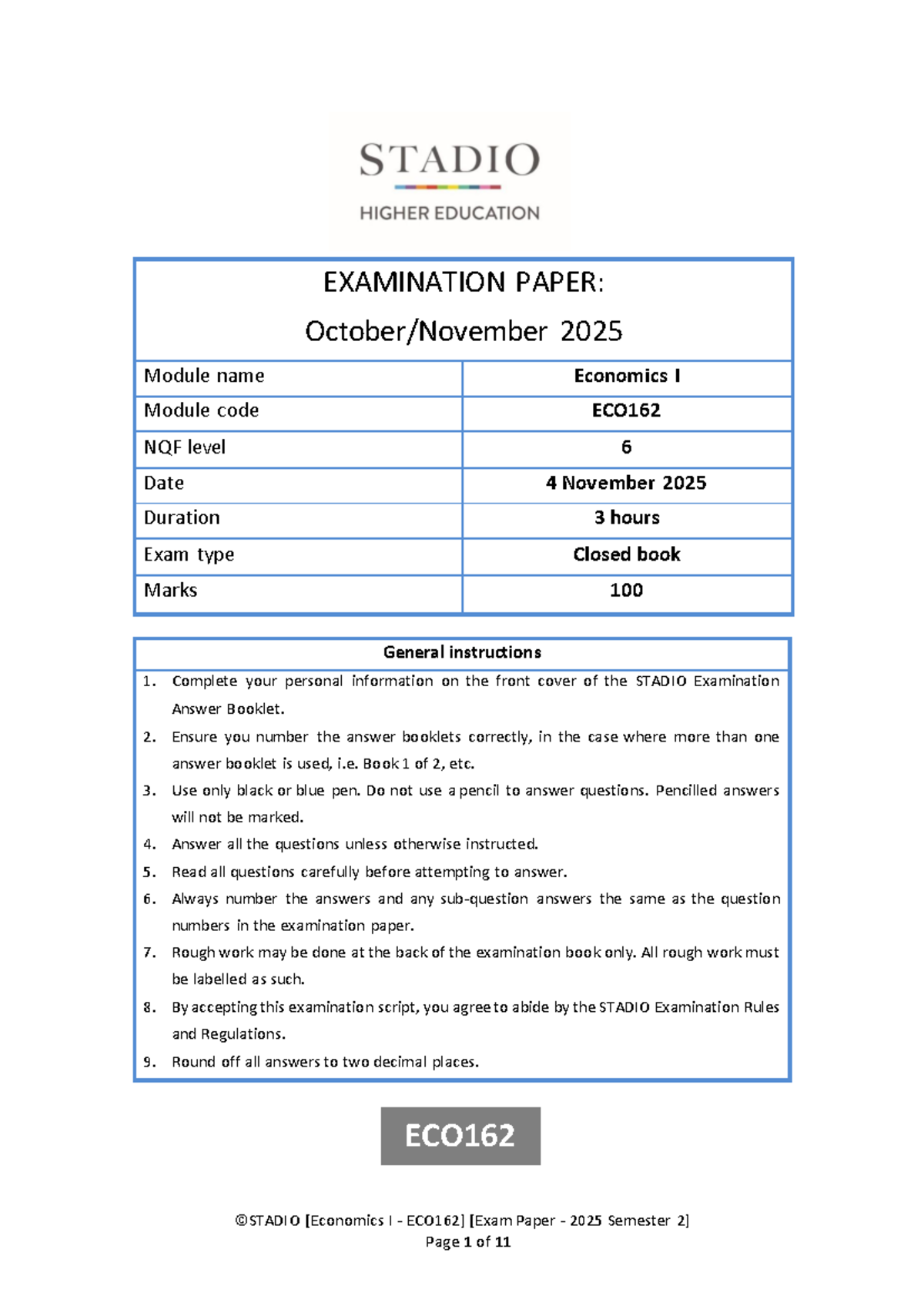 ECO162 2025 Semester 2 Final Exam Paper: Economics I - Studocu