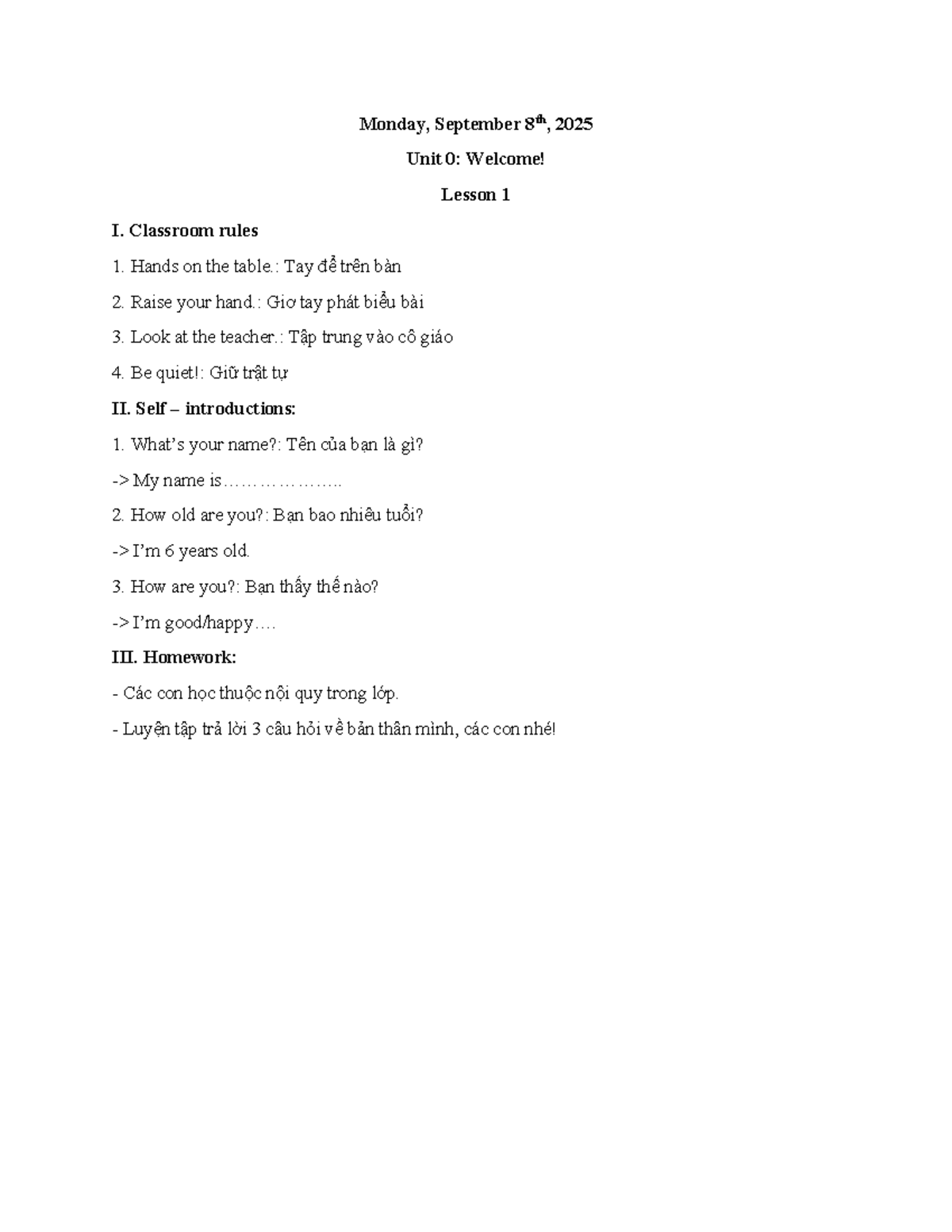 Unit 0: Welcome! Lesson 1 - Classroom Rules & Self Introductions - Studocu