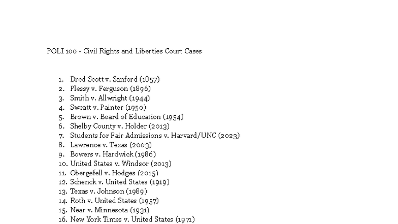 POLI 100 Civil Rights and Liberties Key Court Cases Overview - Studocu