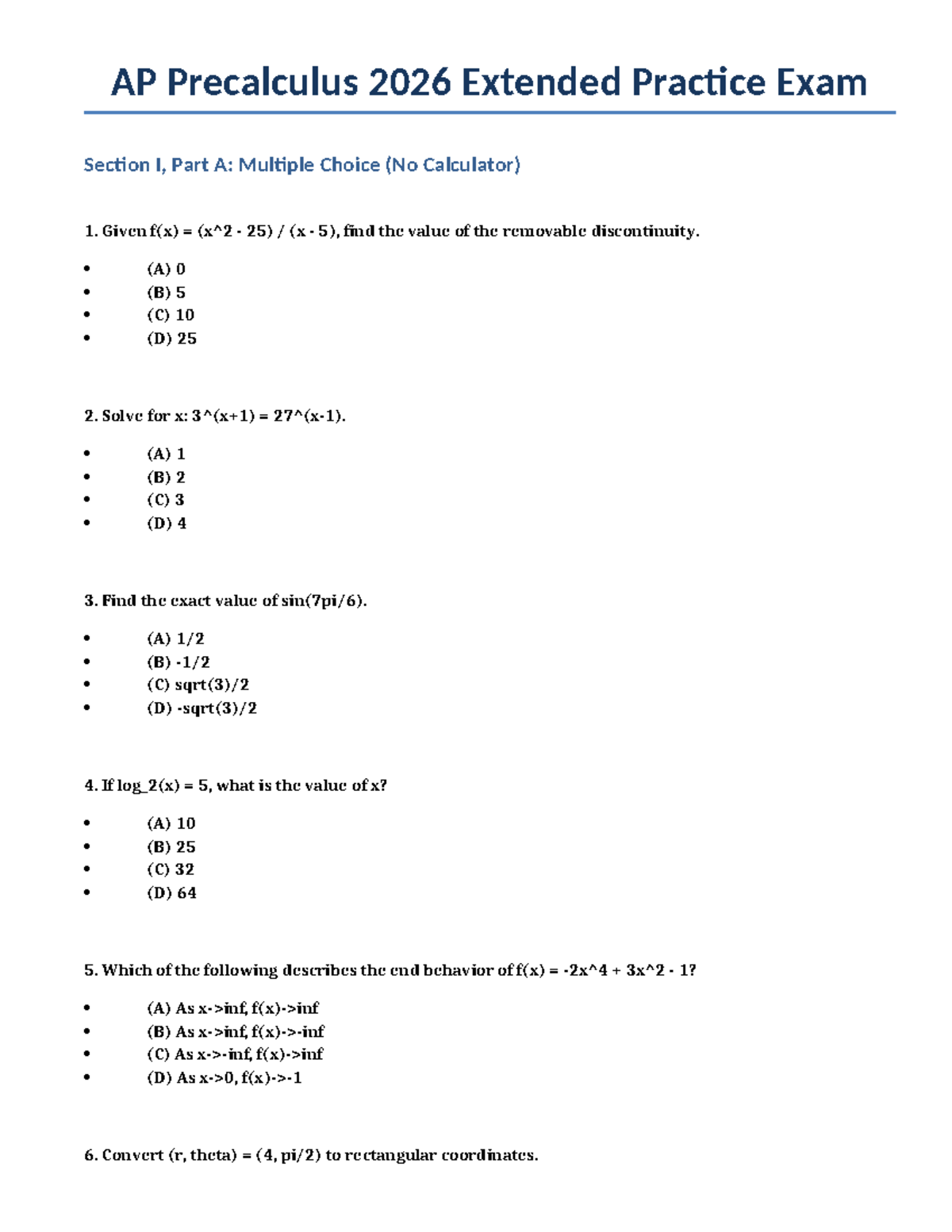 AP Precalculus 2026 Full Mock Exam: Extended Practice & Solutions - Studocu
