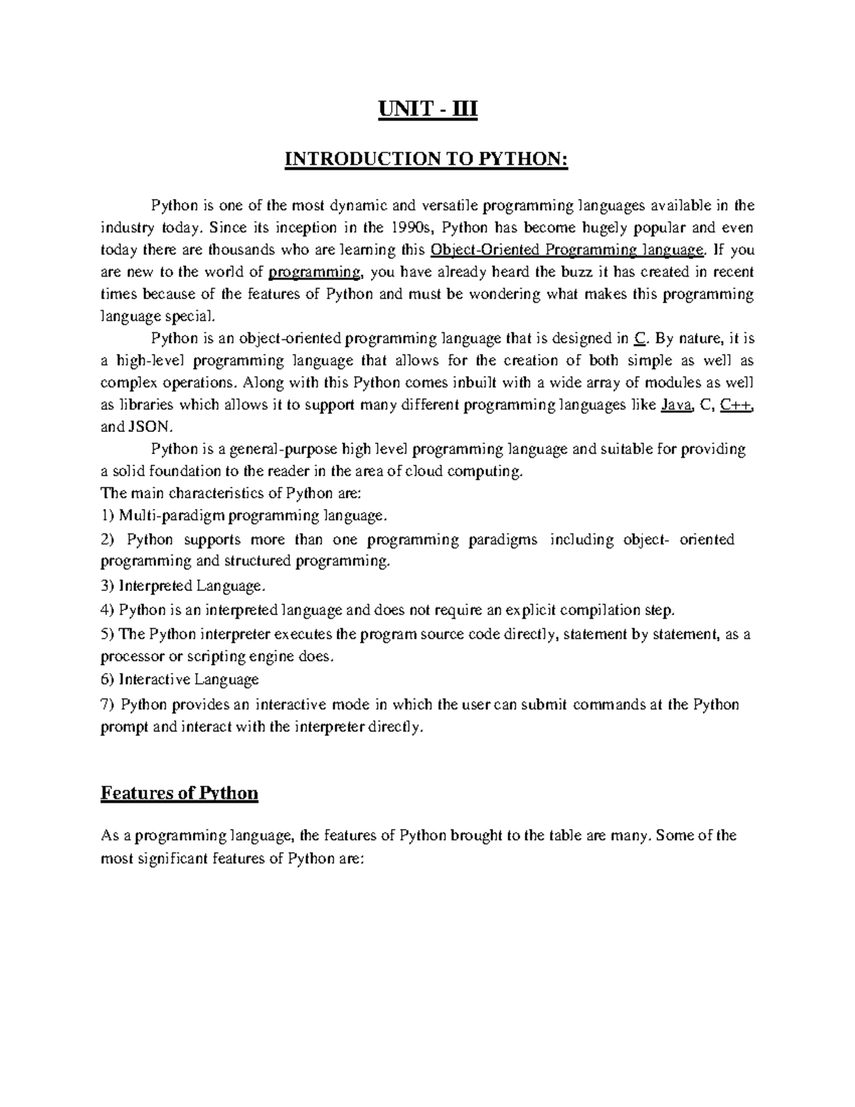 Introduction to Python Programming: Features and Data Types - Studocu