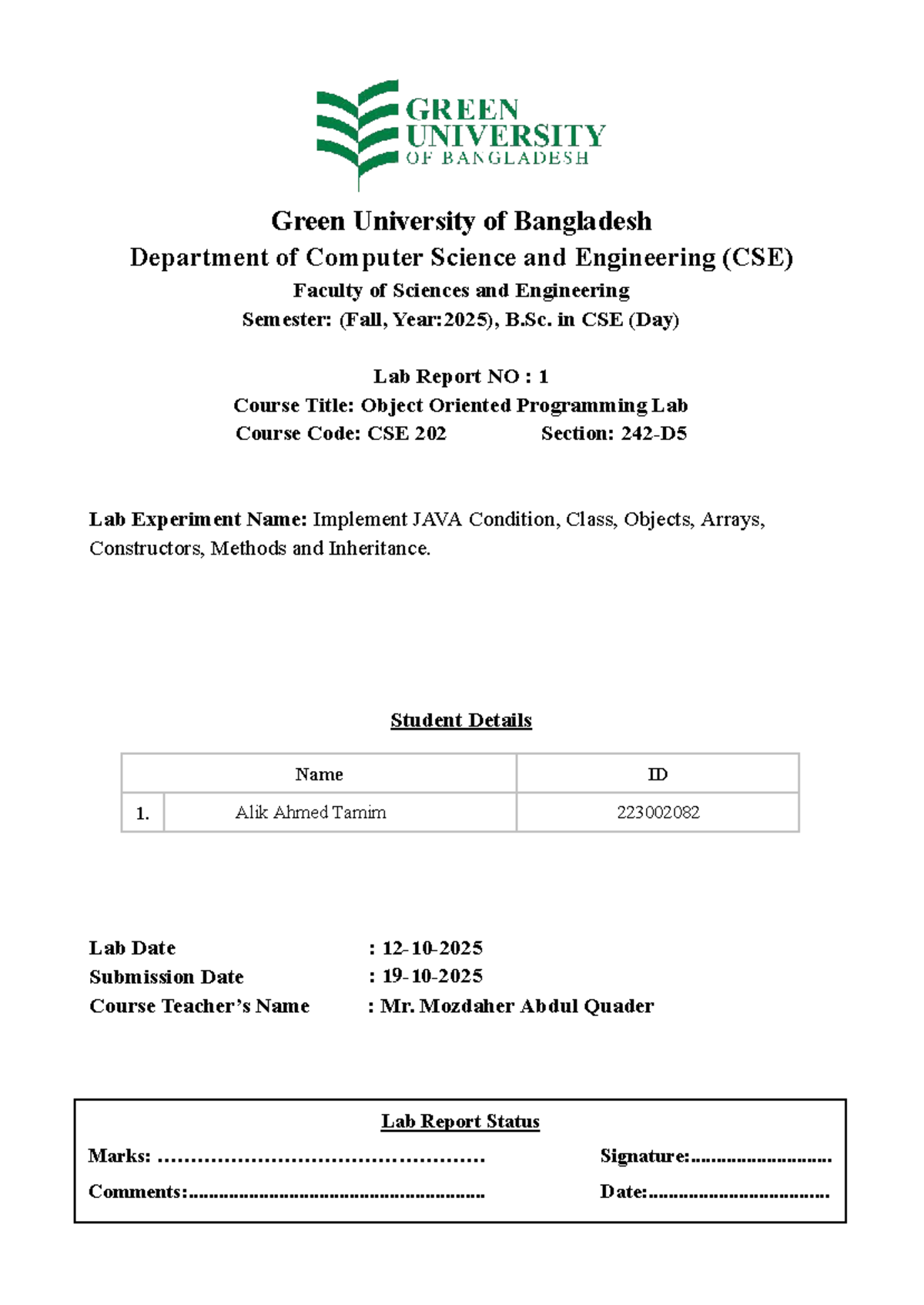 CSE202 Lab Report 01: Implementing Java OOP Concepts and Inheritance ...