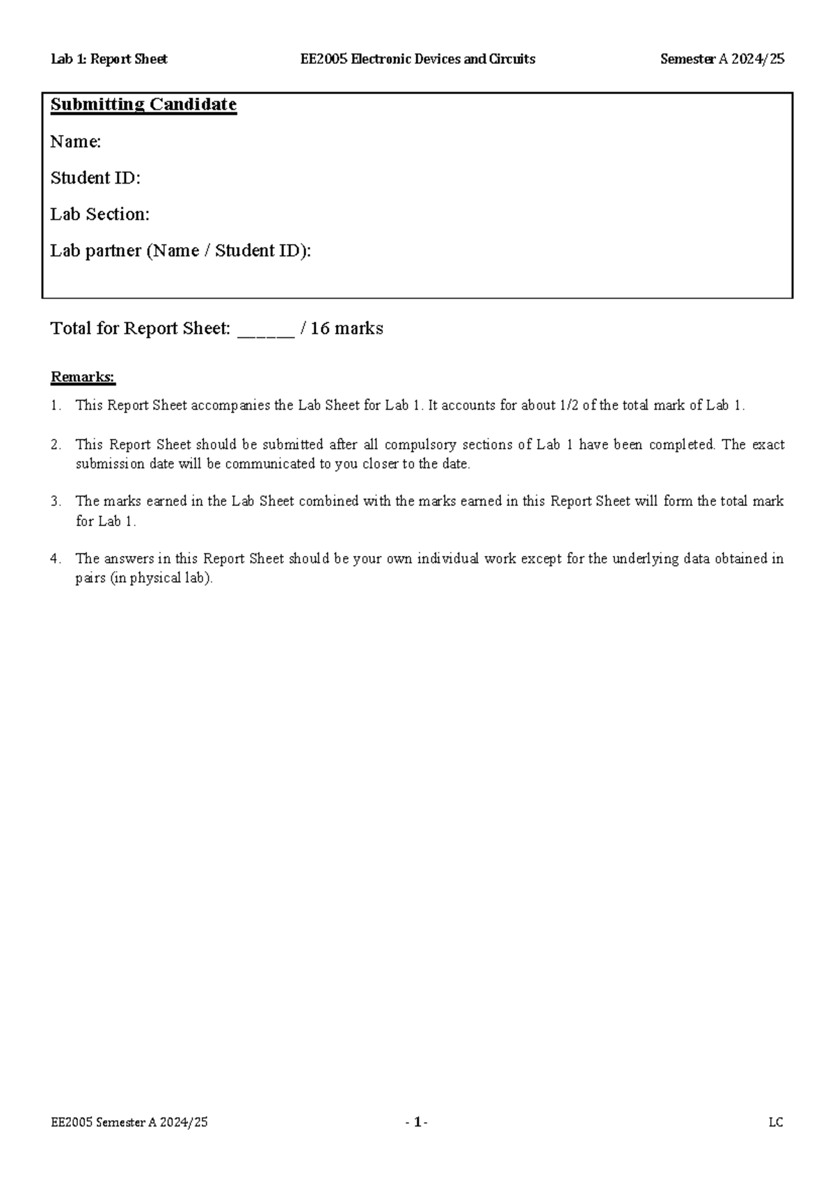 EE2005 Semester A Lab 1: Report Sheet for Electronic Devices - Studocu