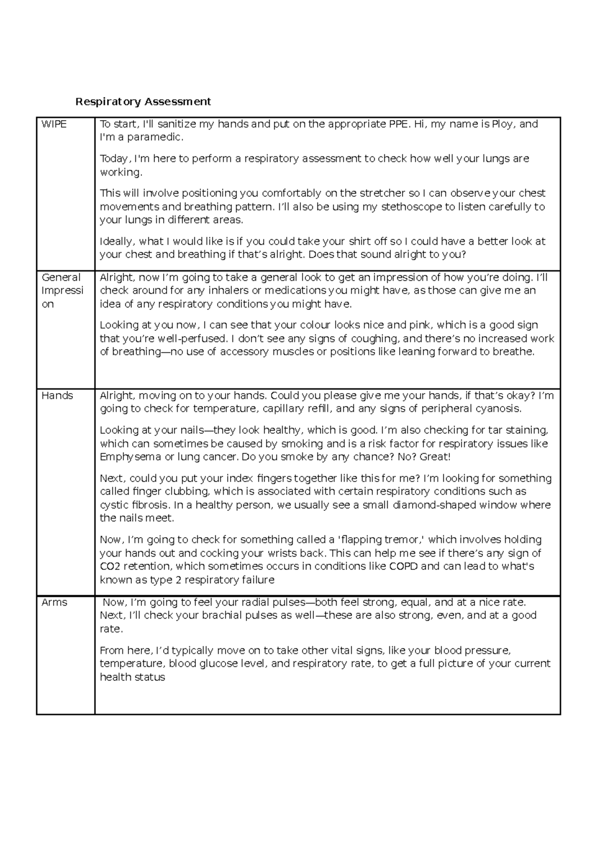 Respiratory Assessment Procedure WIPE: A Comprehensive Guide - Studocu