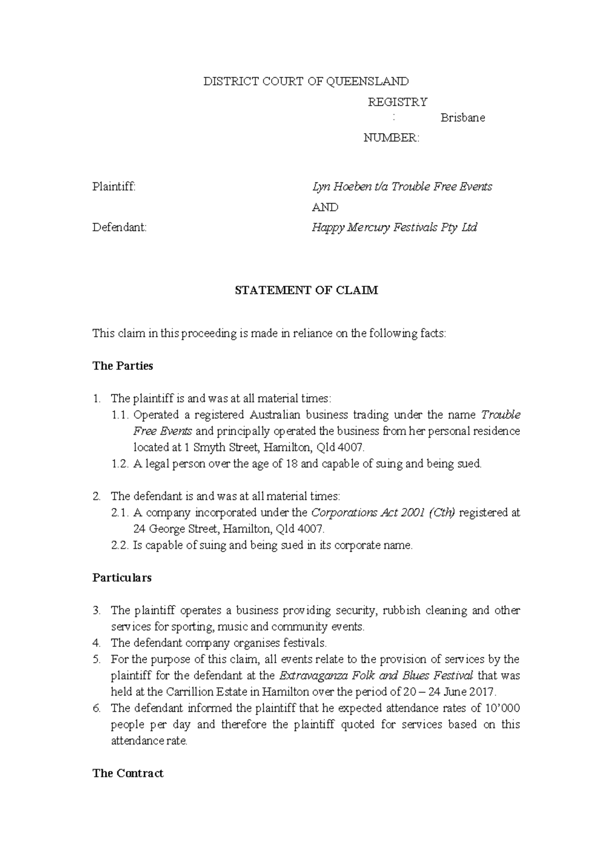 Form 16 Statement of Claim - Lyn Hoeben vs Happy Mercury Festivals ...