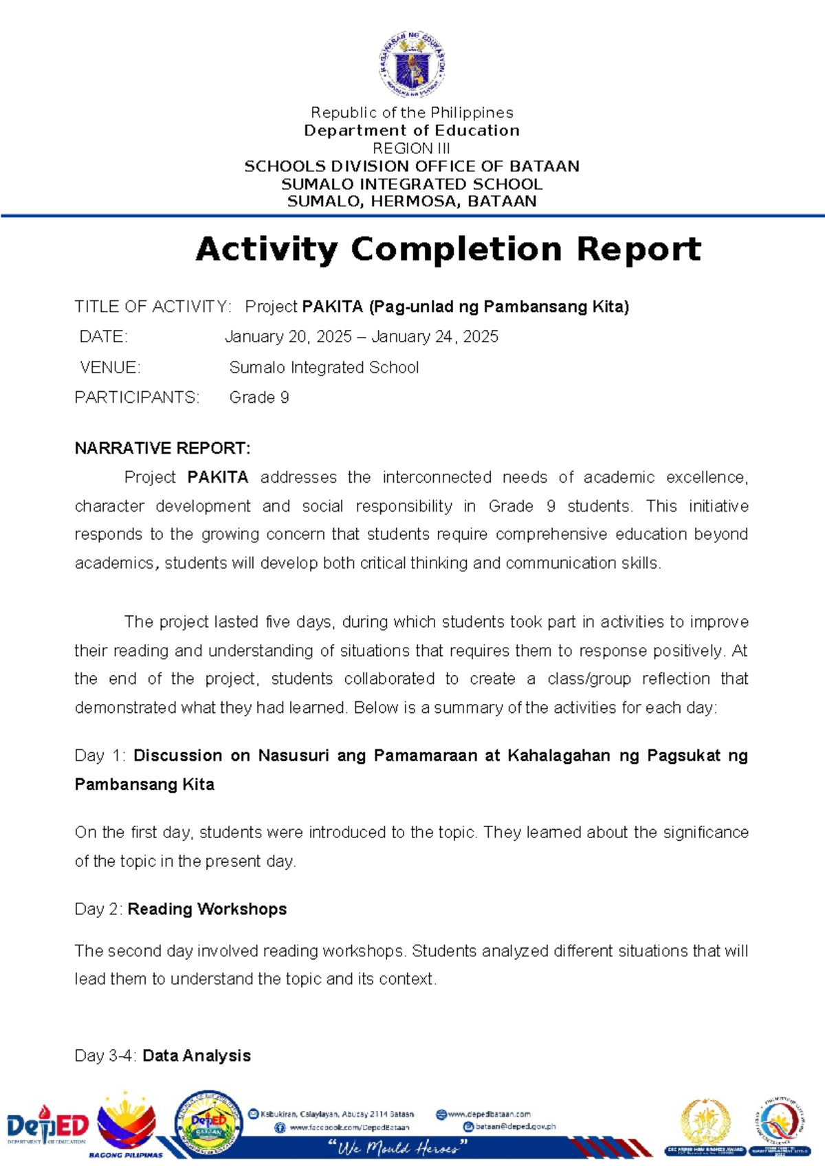 Activity Completion Report: Project PAKITA for Grade 9 - Studocu