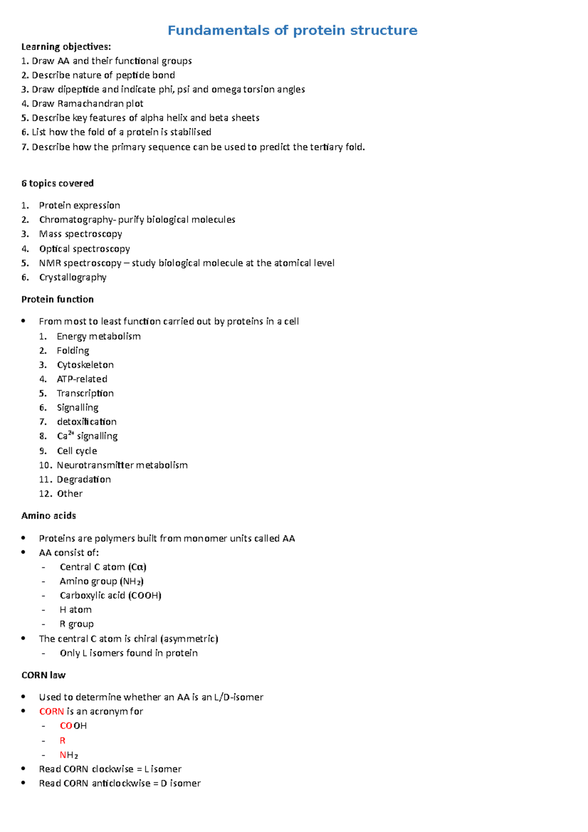 2. Lecture 1 & 2: Fundamentals of Protein Structure Notes - Studocu