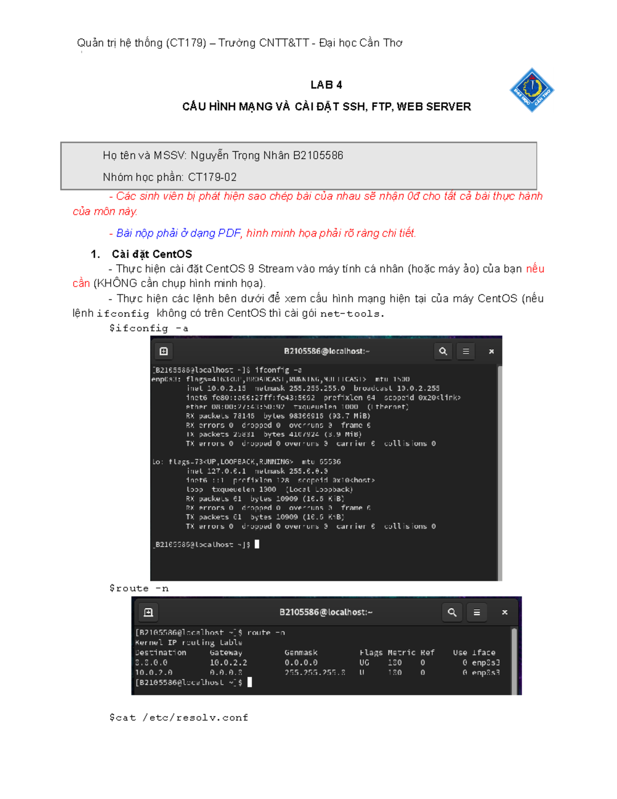 CT179 QTHT Lab4: Cấu Hình Mạng, SSH, FTP và Web Server 2023-2024 - Studocu