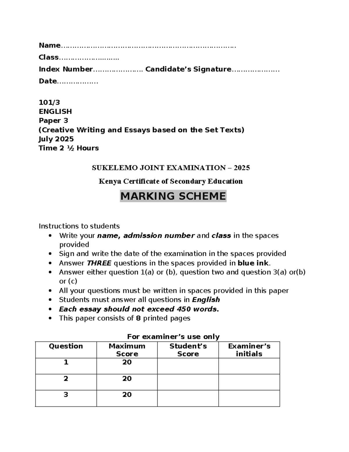 English Paper 3 (Creative Writing & Essays) Marking Scheme - July 2025 ...