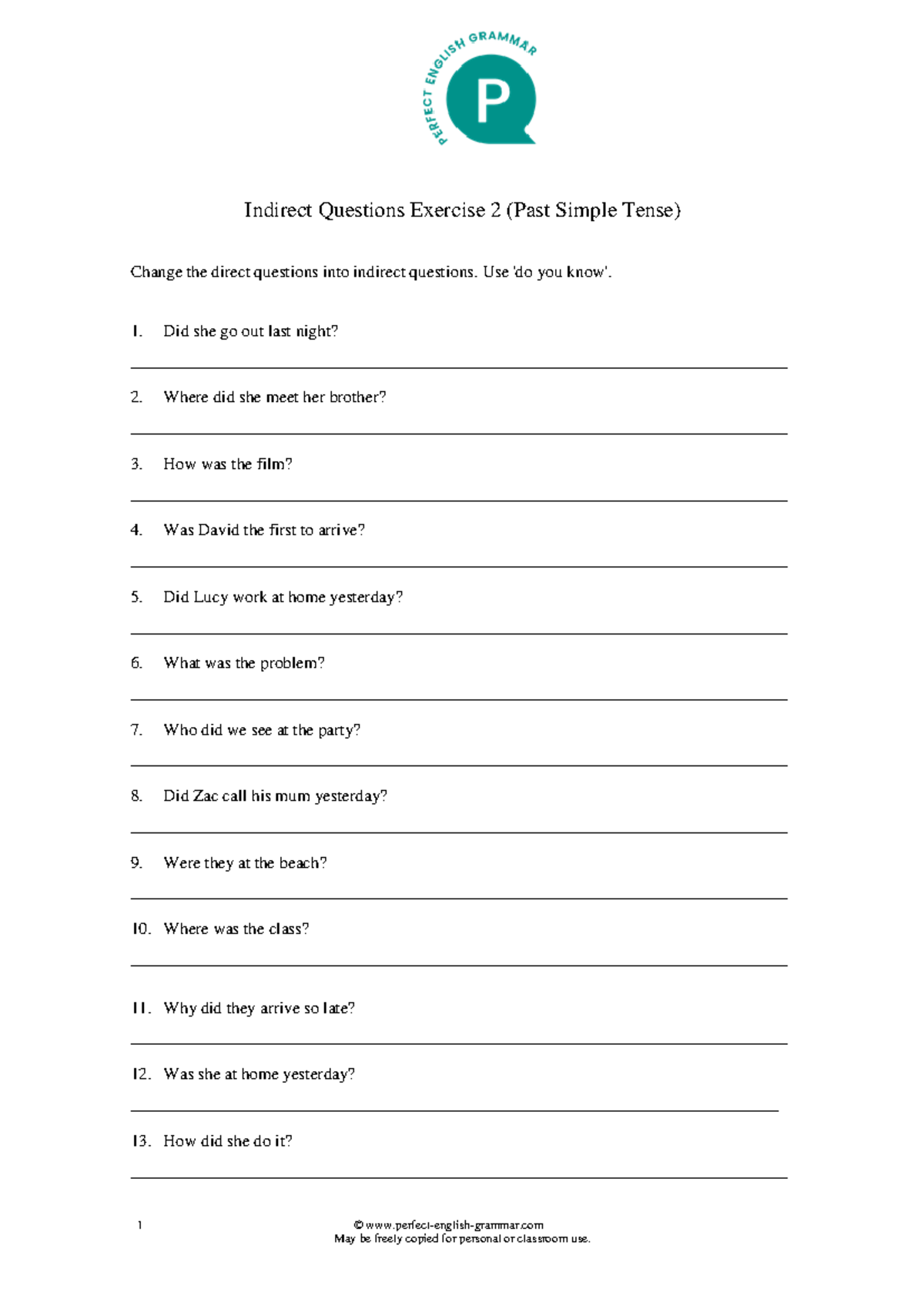 Indirect Questions Exercise 2: Transforming Direct to Indirect Queries ...