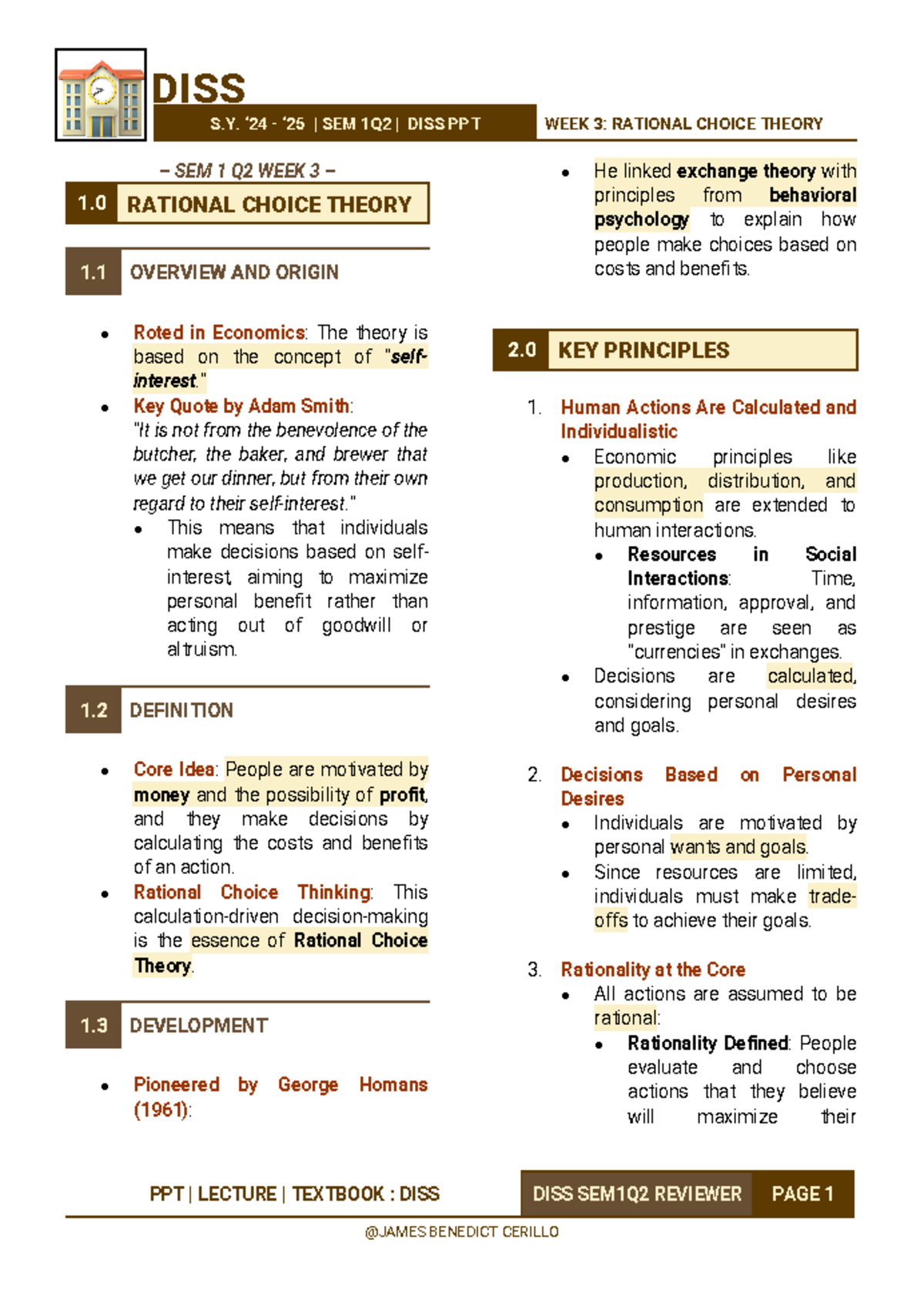 DISS SEM1Q2 Week 3 Lecture Notes: Rational Choice Theory - Studocu