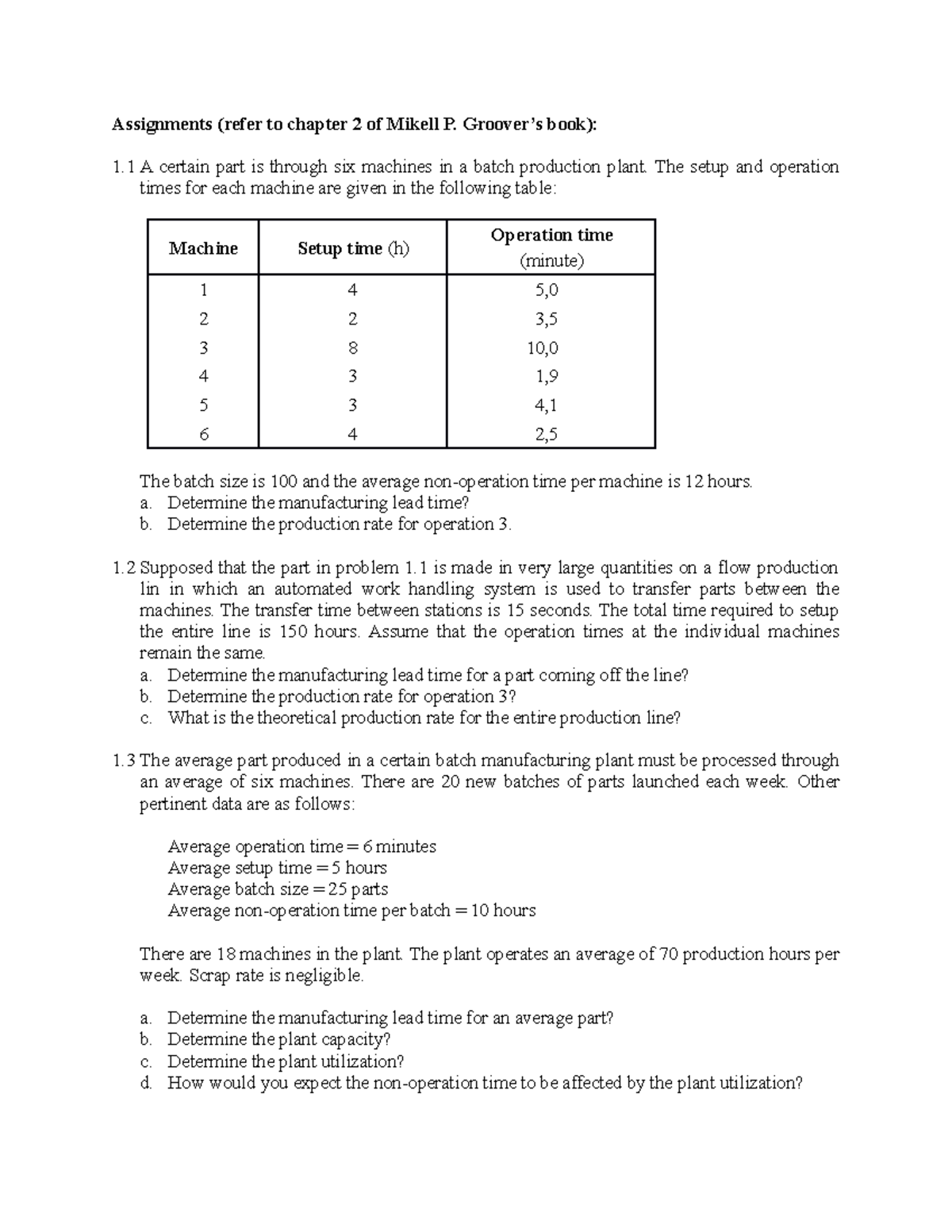 Manufacturing System Assignments - MGMT 301 (Ch. 2) Analysis Notes ...