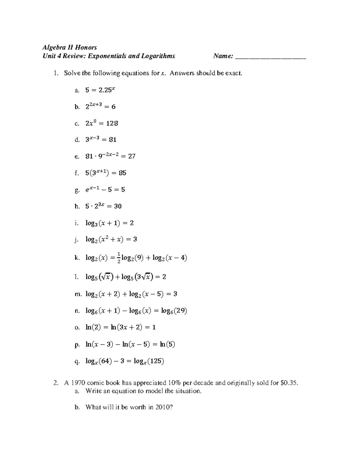 Algebra II Honors Unit 4 Review: Exponentials & Logarithms Solutions ...