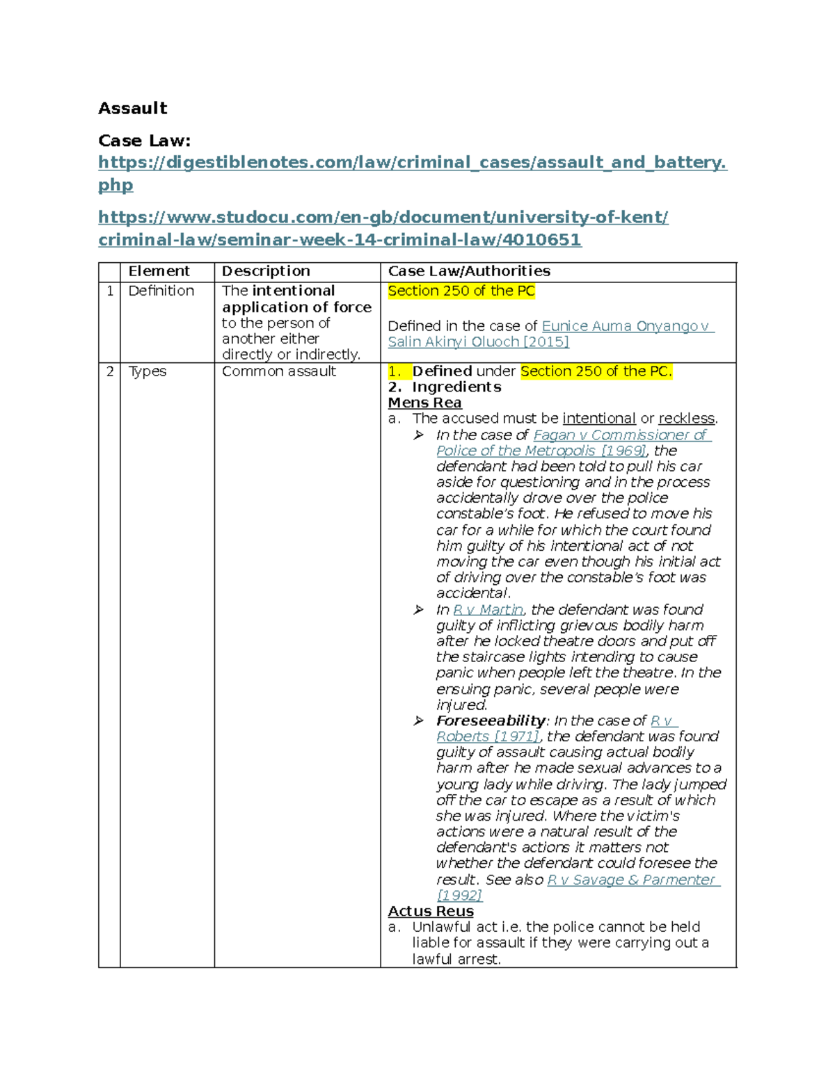 3. Assault and Battery - Revision Notes for Criminal Law Study - Studocu
