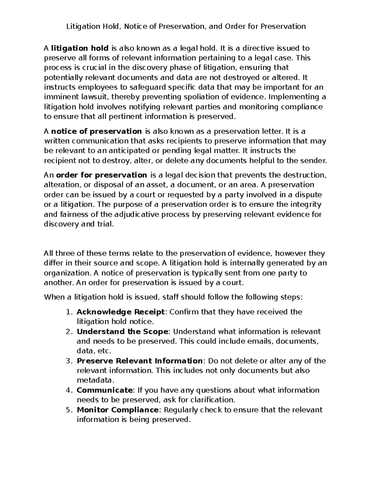 Module 1 Assignment: Understanding Litigation Holds and Preservation ...