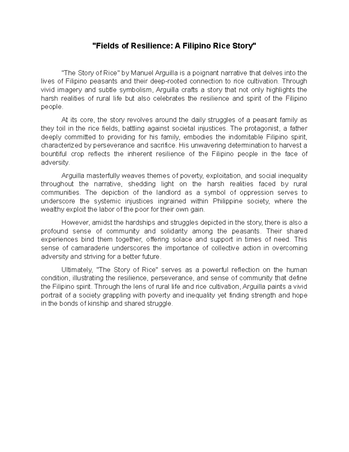Reflection Paper - "Fields of Resilience: A Filipino Rice Story" "The ...