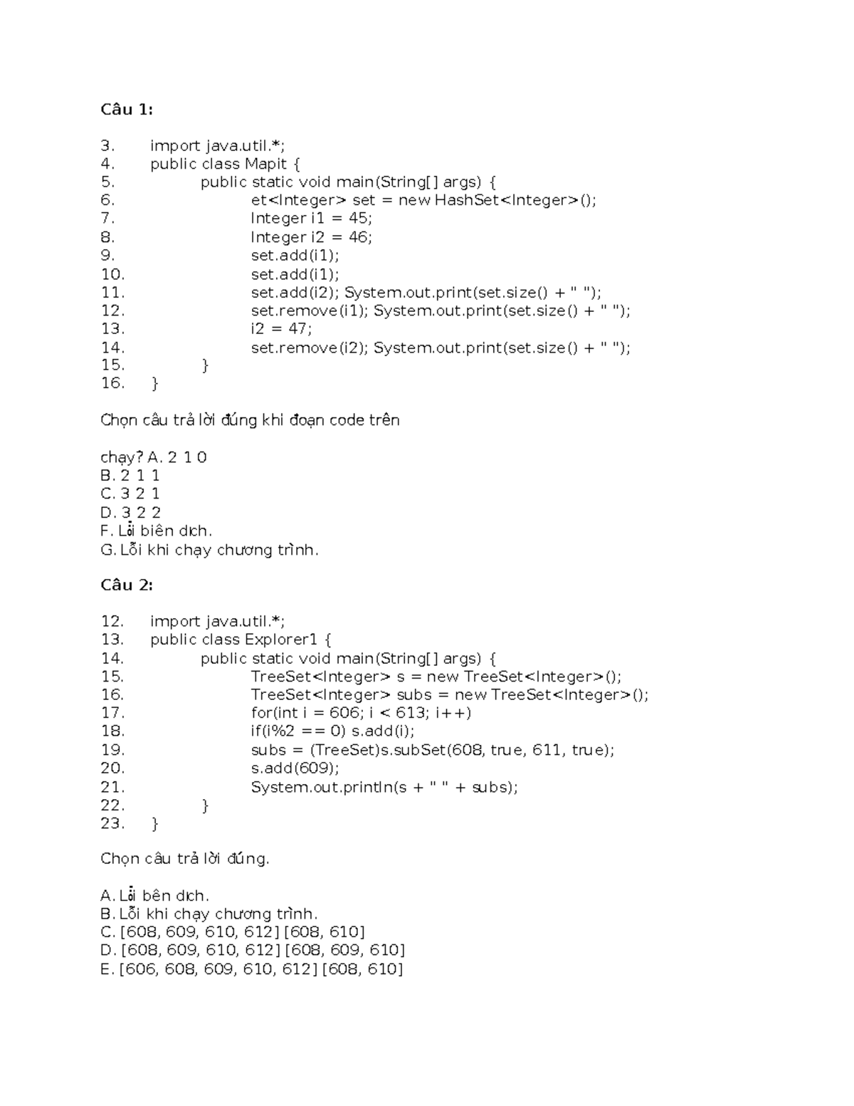 Thí nghiệm 3 - Chọn đáp án đúng cho các đoạn code Java - Studocu