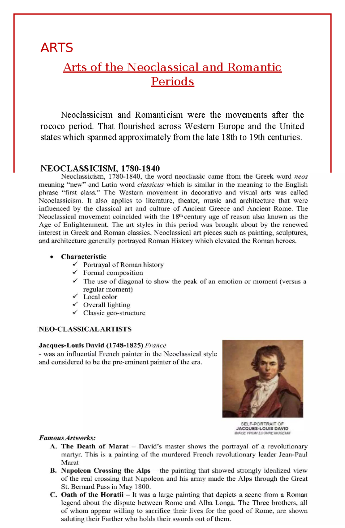 ARTS 9 Q3: Neoclassical and Romantic Periods Overview - Studocu