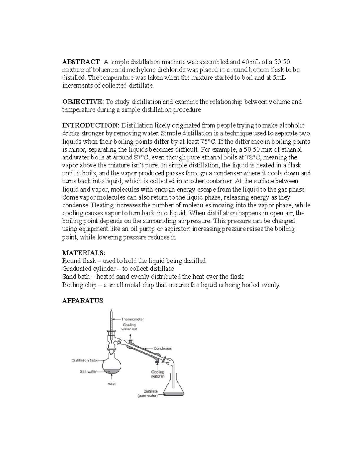 CHE 223 Lab Report 2: Simple Distillation of Toluene & Methylene ...