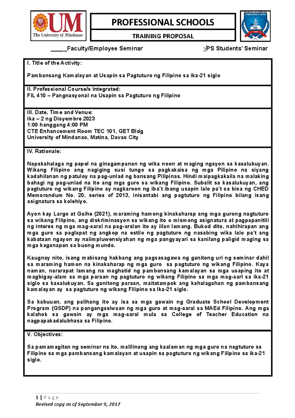 Training Proposal: Pambansang Kamalayan at Pagtuturo ng Filipino (FIL ...