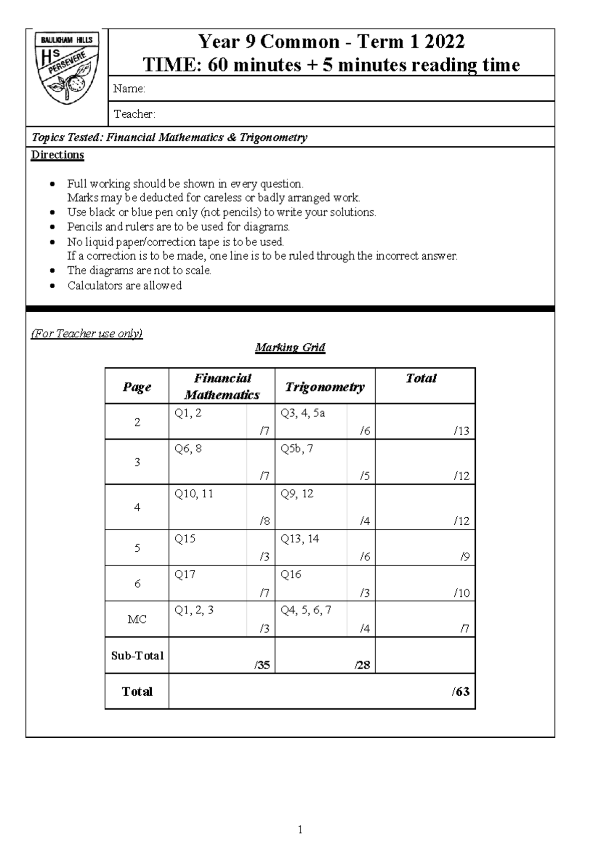 Year 9 Financial Mathematics & Trigonometry Test T1 2022 - Studocu