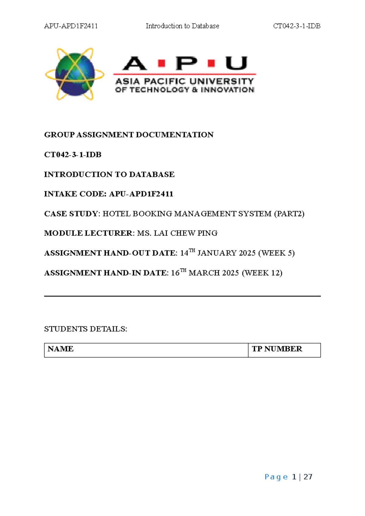 CT042-3-1-IDB Case Study: Hotel Booking Management System Queries - Studocu