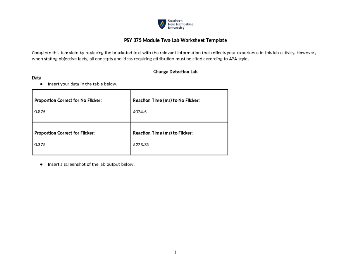 PSY 375 Module Two Lab Worksheet: Change Detection & Stroop Effects ...