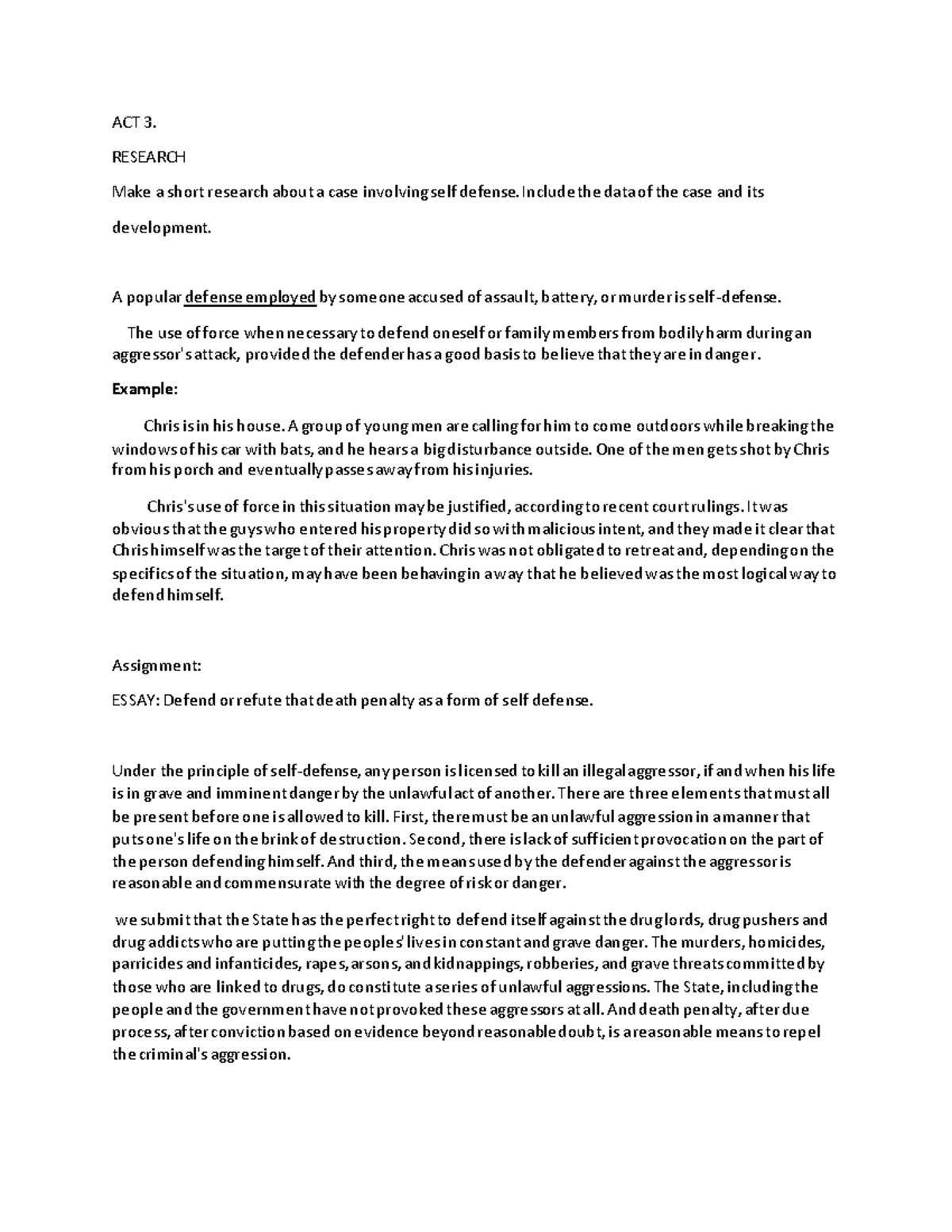 ACT 3: Case Study on Self-Defense and the Death Penalty Debate - Studocu