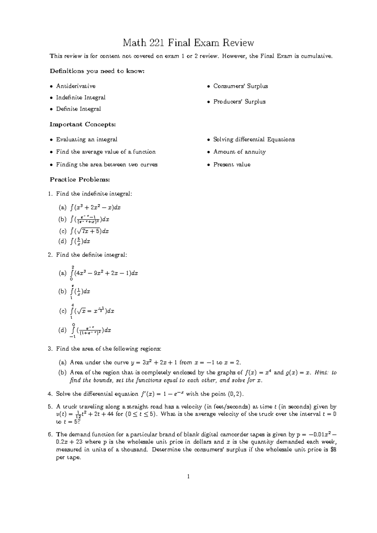 Math 221 Final Exam Review: Cumulative Concepts and Practice Problems - Math 221 Final Exam ...