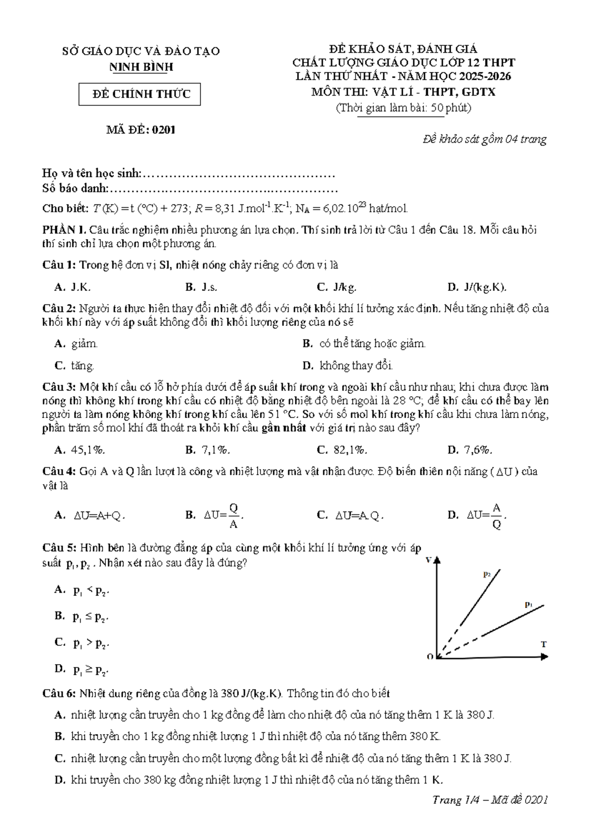 ĐỀ KHẢO SÁT CHẤT LƯỢNG GIÁO DỤC LỚP 12 THPT MÔN VẬT LÍ (MÃ ĐỀ: 0201 ...