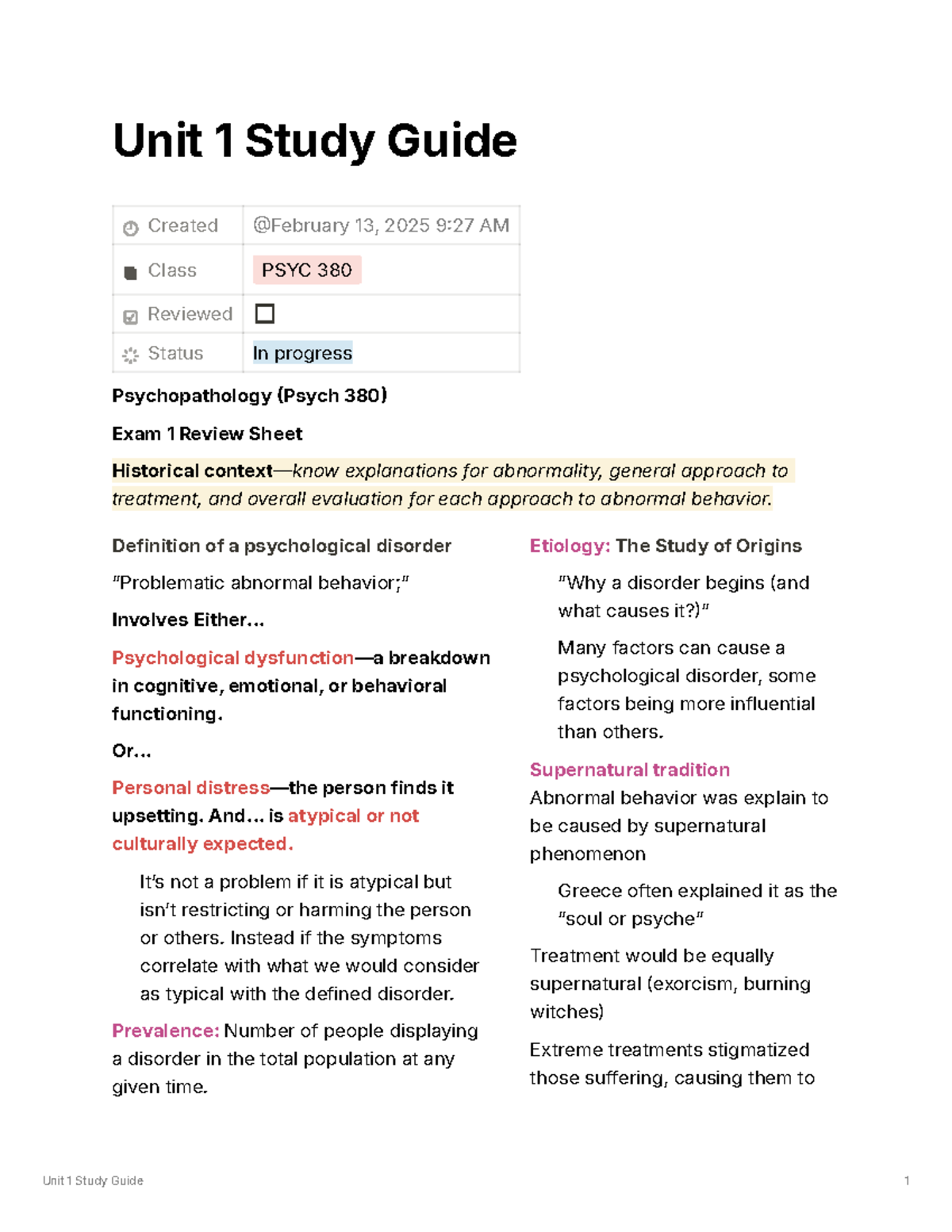PSYC 380 Unit 1 Psychopathology Exam 1 Study Guide - Studocu