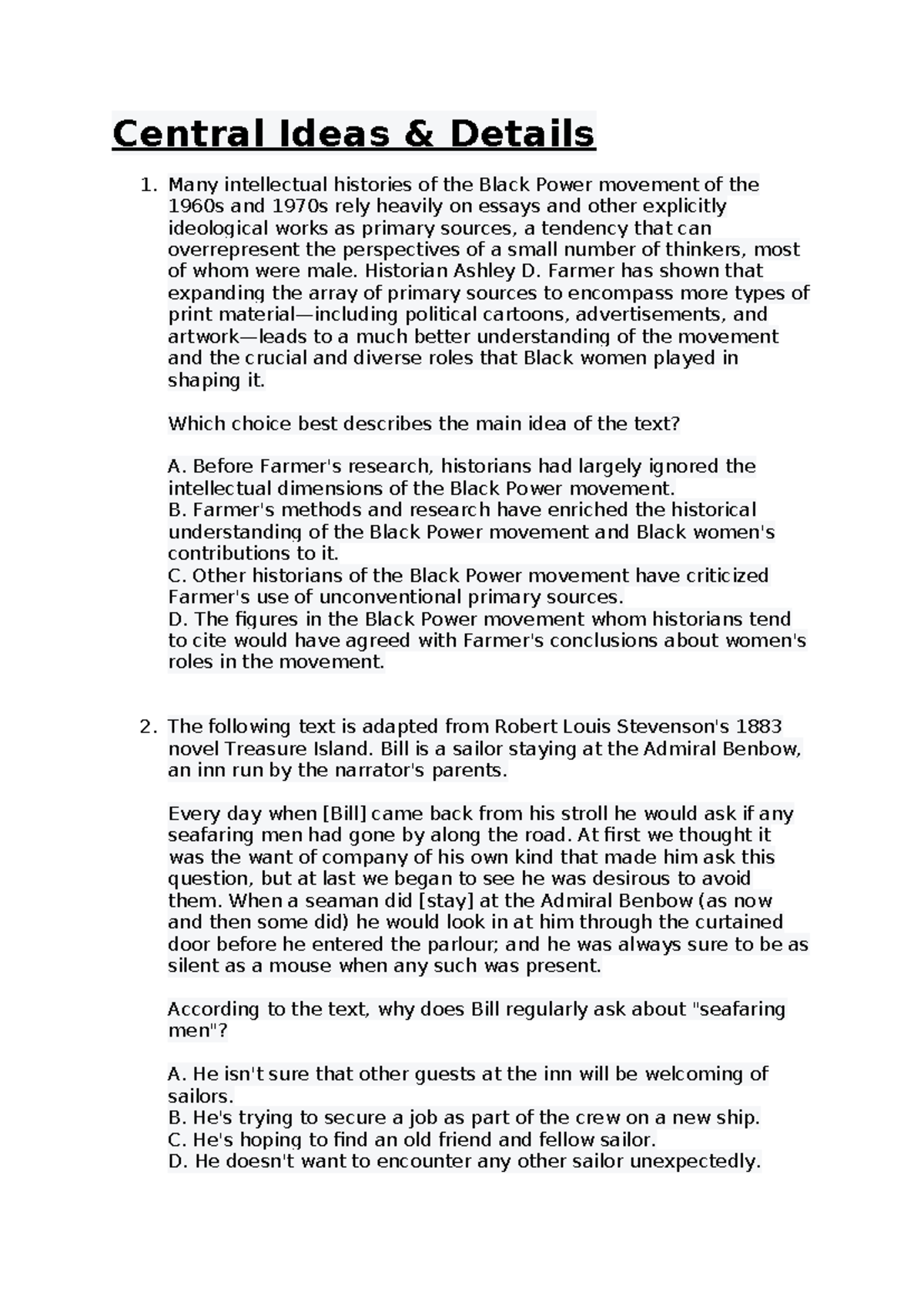 Central Ideas & Details - Test 5 CN - Central Ideas & Details Many ...