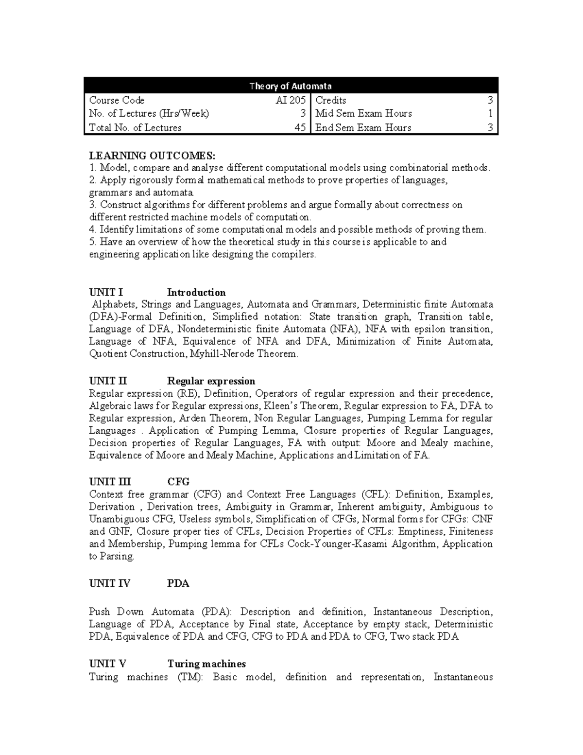 Automata syllabus - kjhds - Theory of Automata Course Code AI 205 ...