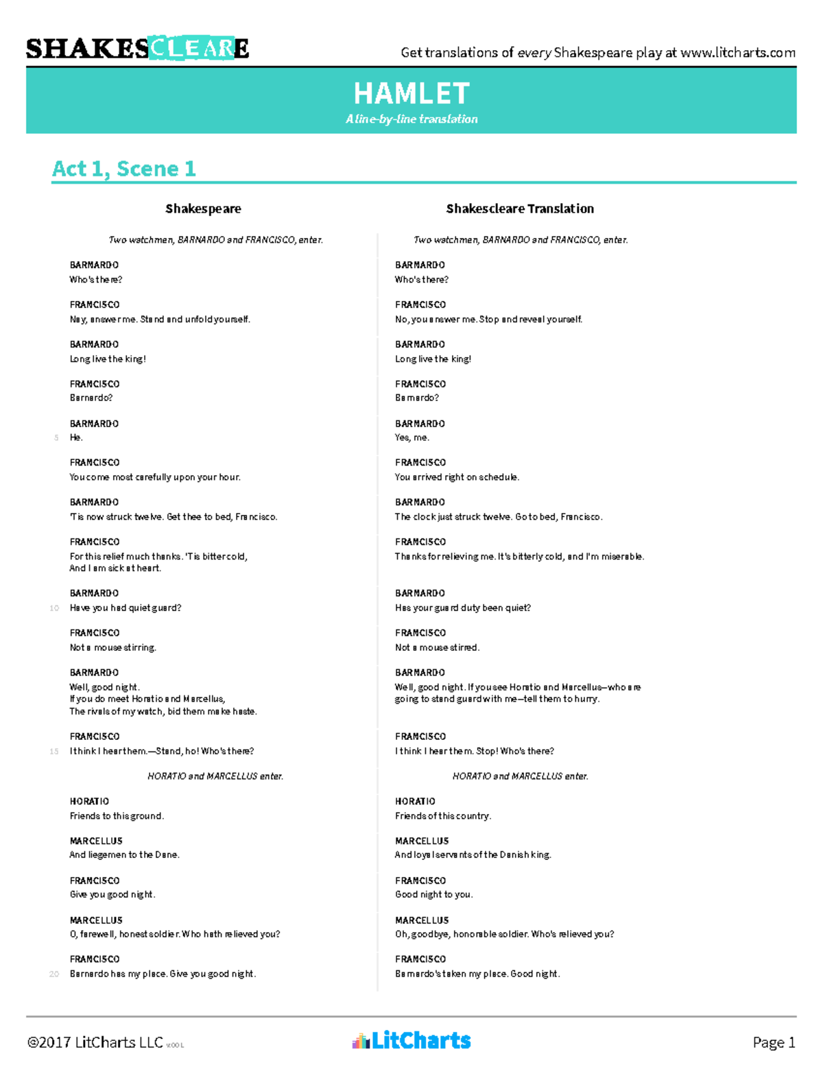 Hamlet (ENG101) - Line-by-Line Shakescleare Translation of Act 1 - Studocu