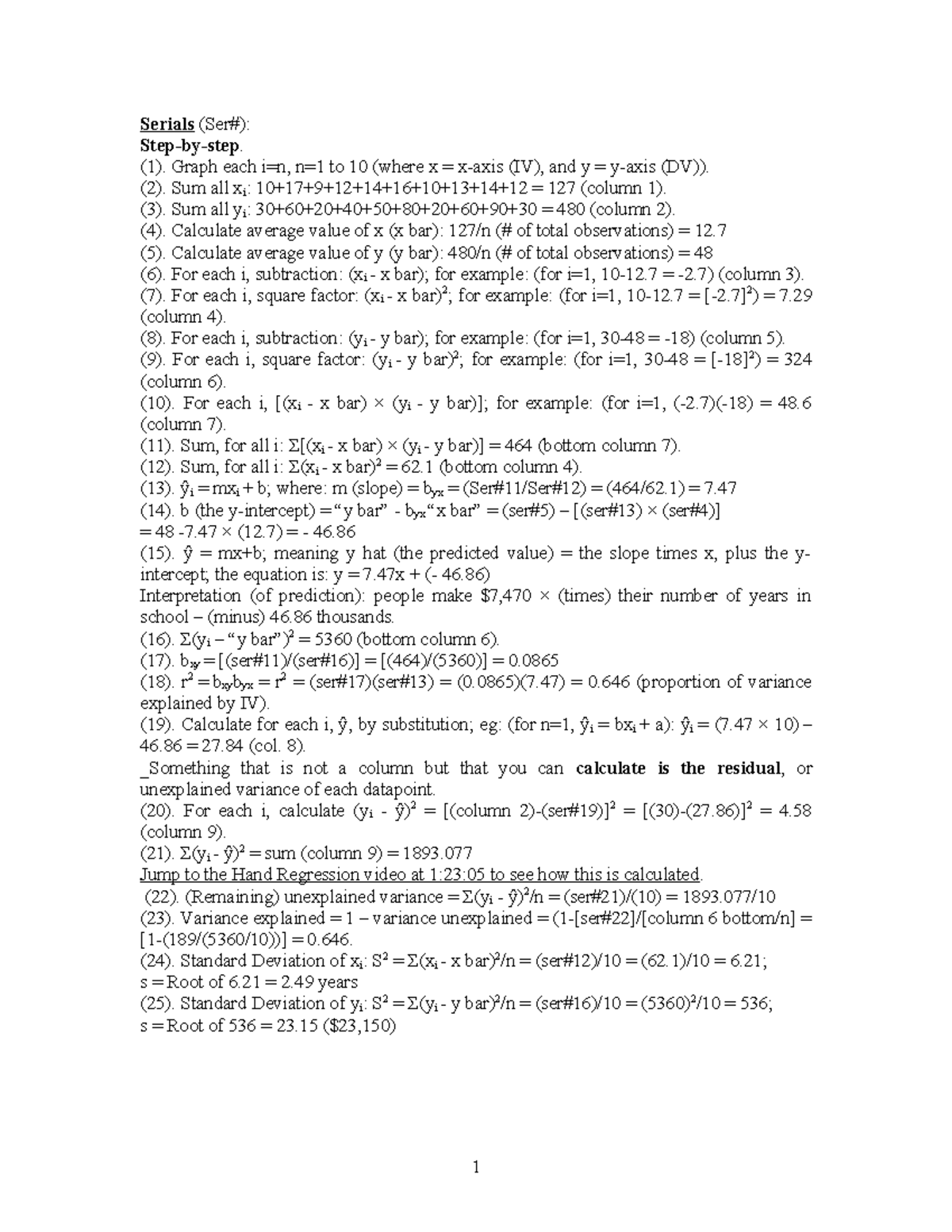Hand Regression Analysis: Serial Data Calculations (Course Code: HR101 ...