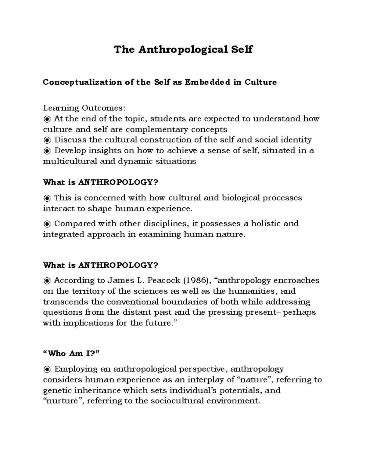 GEC 1 The Anthropological Self - The Anthropological Self Conceptualization of the Self as ...