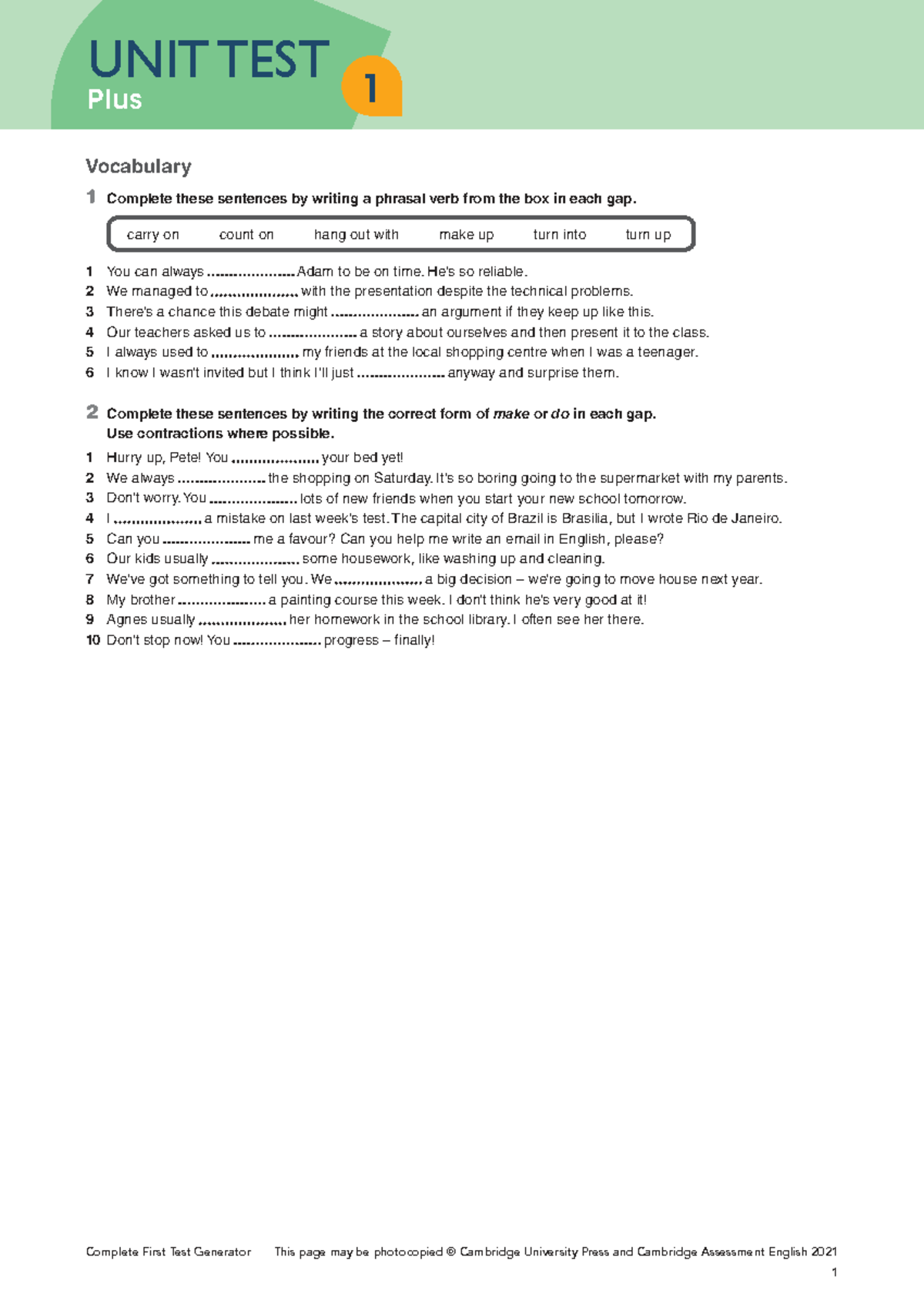 Complete First Unit Test 1: Phrasal Verbs & Vocabulary Exercises - Studocu