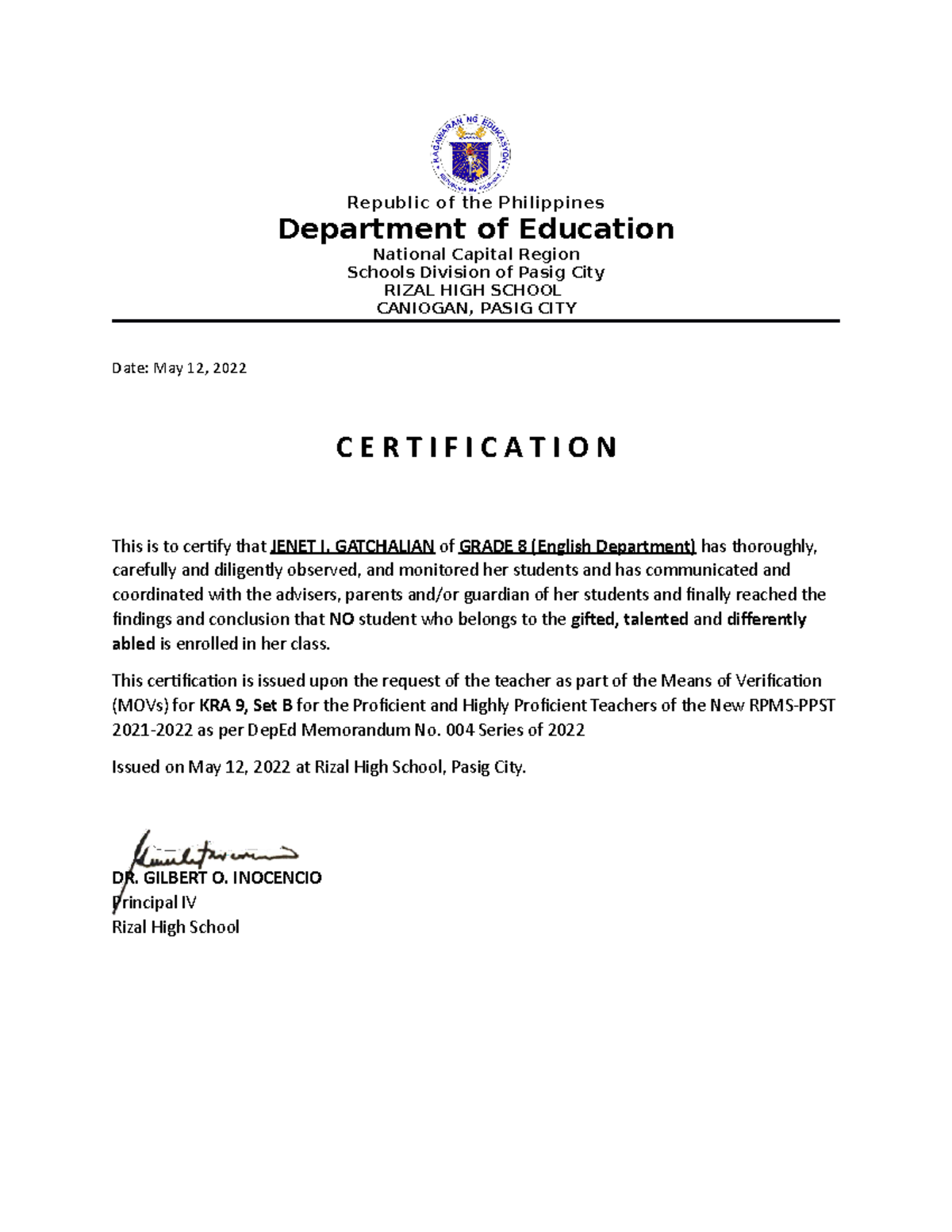 Jenet Gatchalian Certification for RPMS KRA 9 and 10 - Republic of the ...