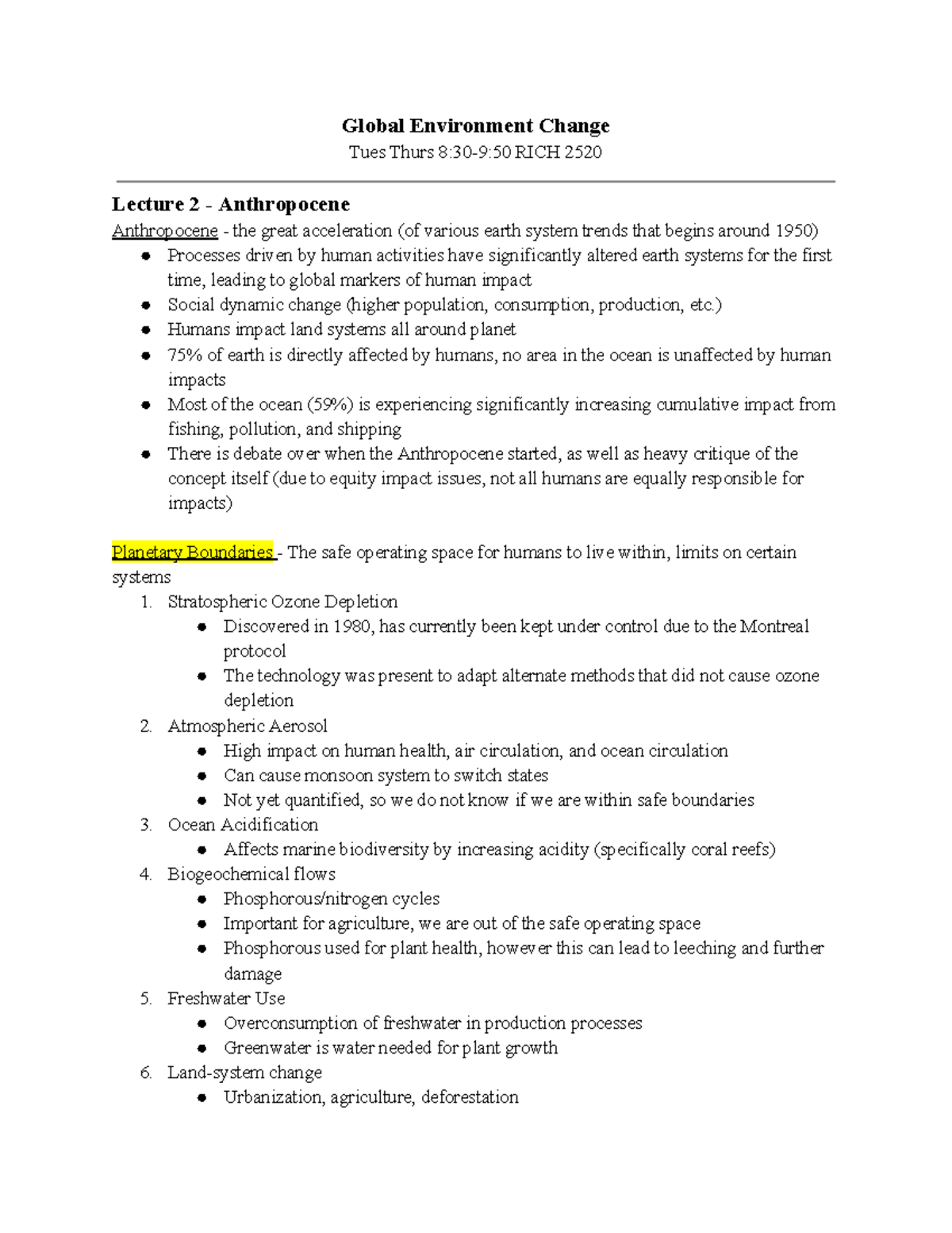 GEOG 3020 - Global Environmental Change Lecture Notes - Studocu