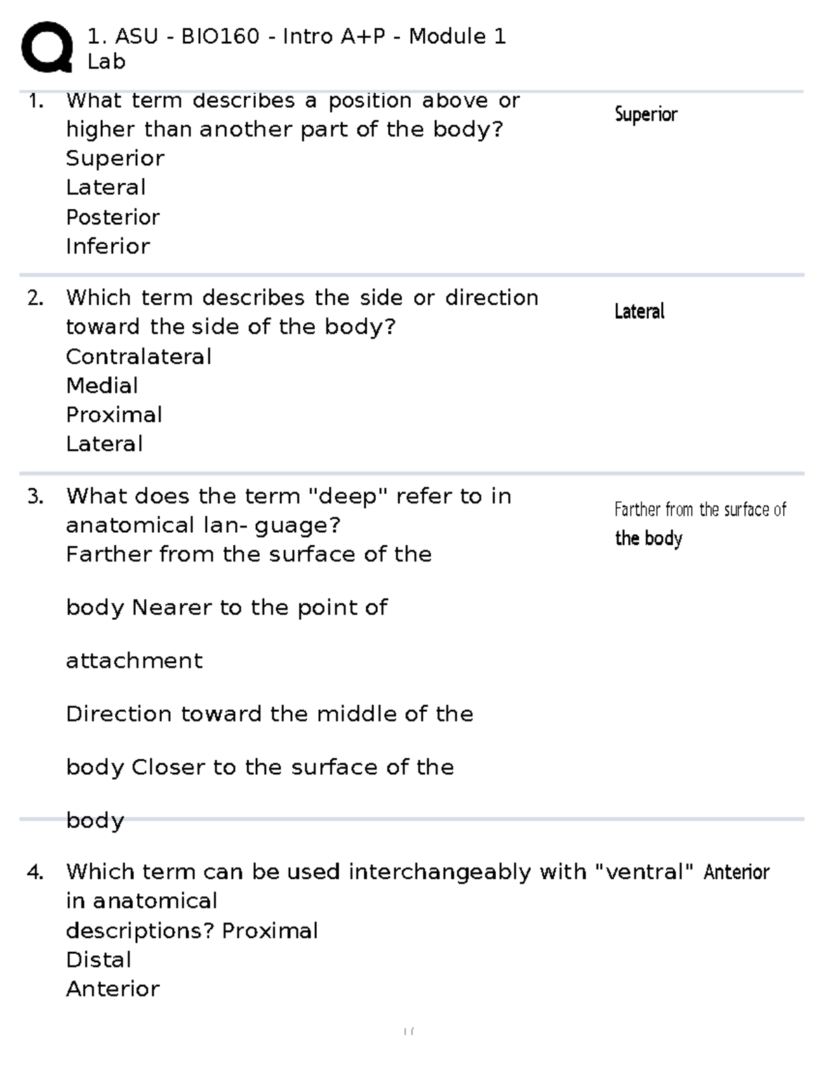 1. ASU BIO160 Intro A&P Module 1 Lab Review and Key Terms - Studocu