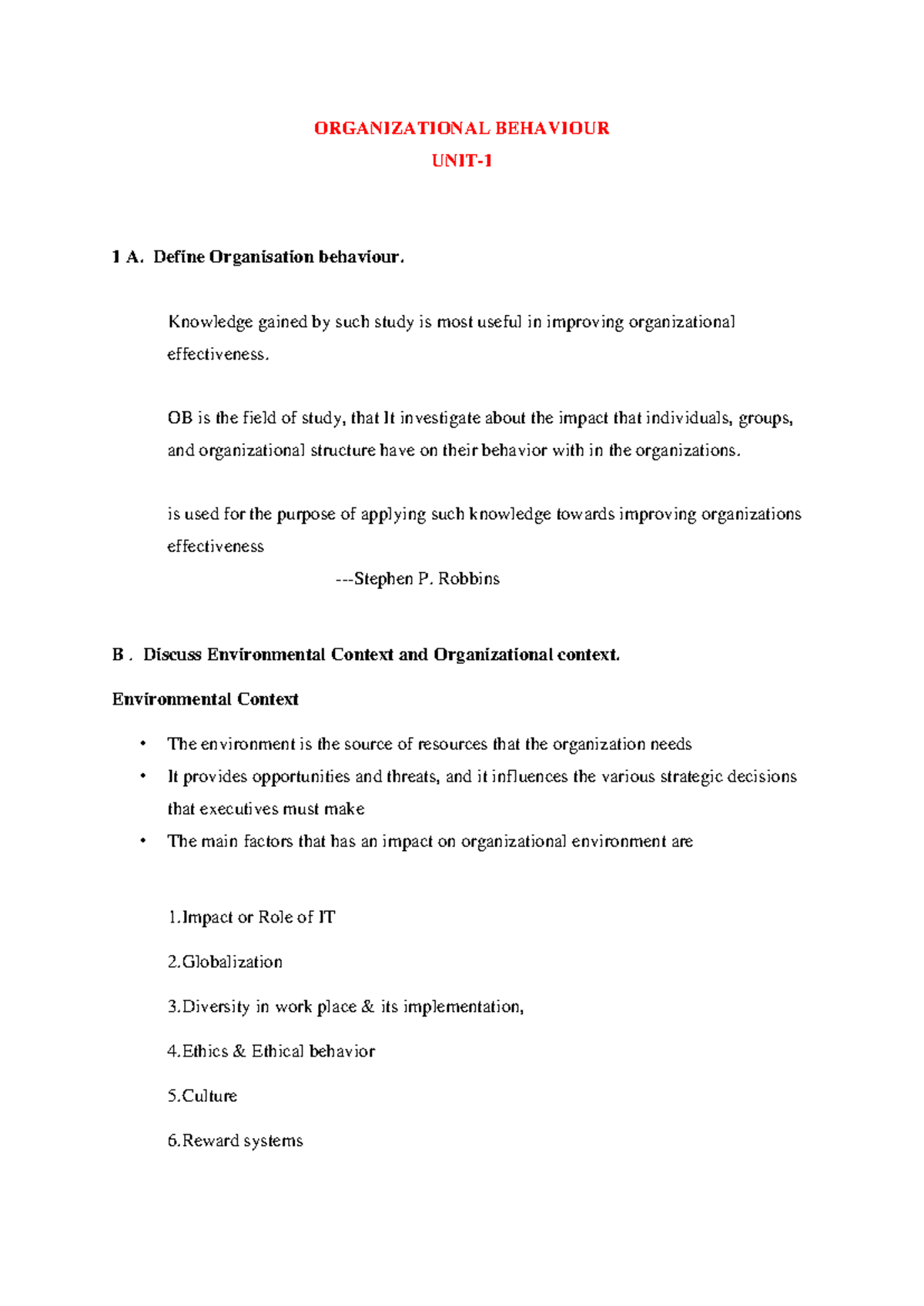 OB 1: Key Concepts and Importance of Organizational Behaviour - Studocu