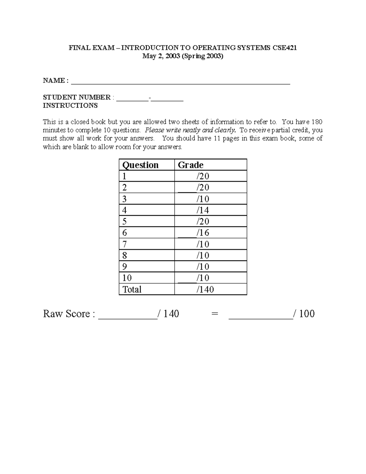 FINAL EXAM CSE421: INTRODUCTION TO OPERATING SYSTEMS - ANSWERS ...