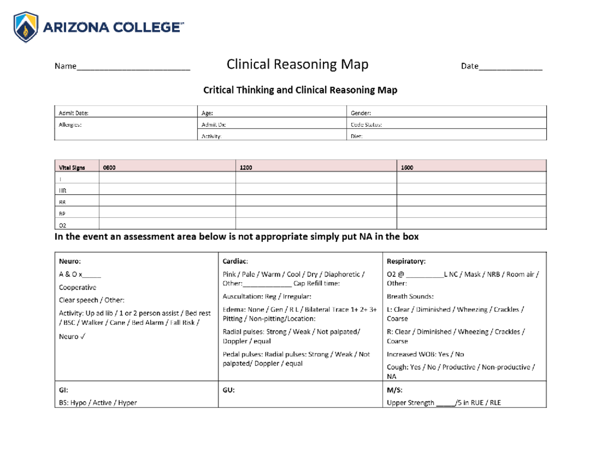 Critical Thinking Map Fundamentals - ARIZONA COLLEGE SM Name Clinical ...