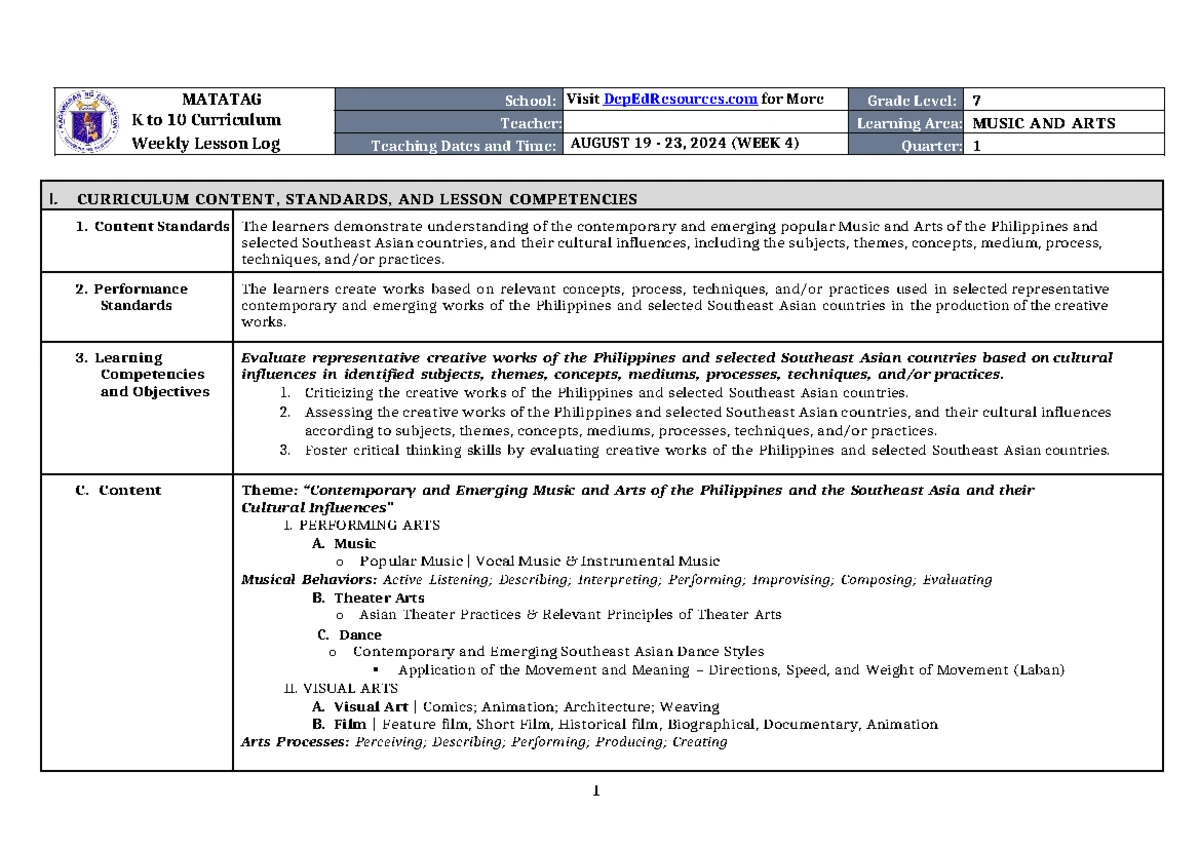 DLL Matatag PE & Health 7 Q1 W3 - I. CURRICULUM CONTENT, STANDARDS, AND ...