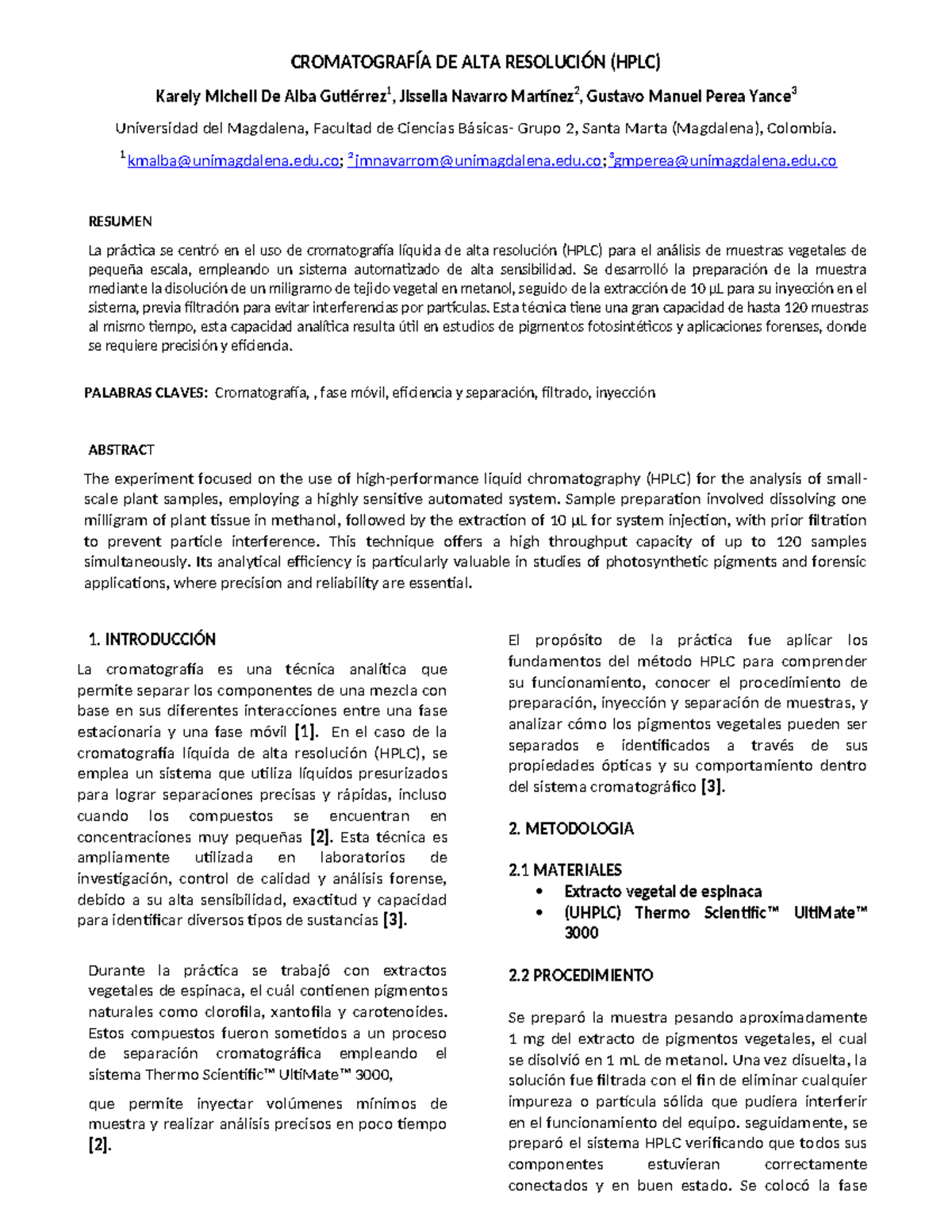 Informe de Práctica: Cromatografía Líquida de Alta Resolución (HPLC ...