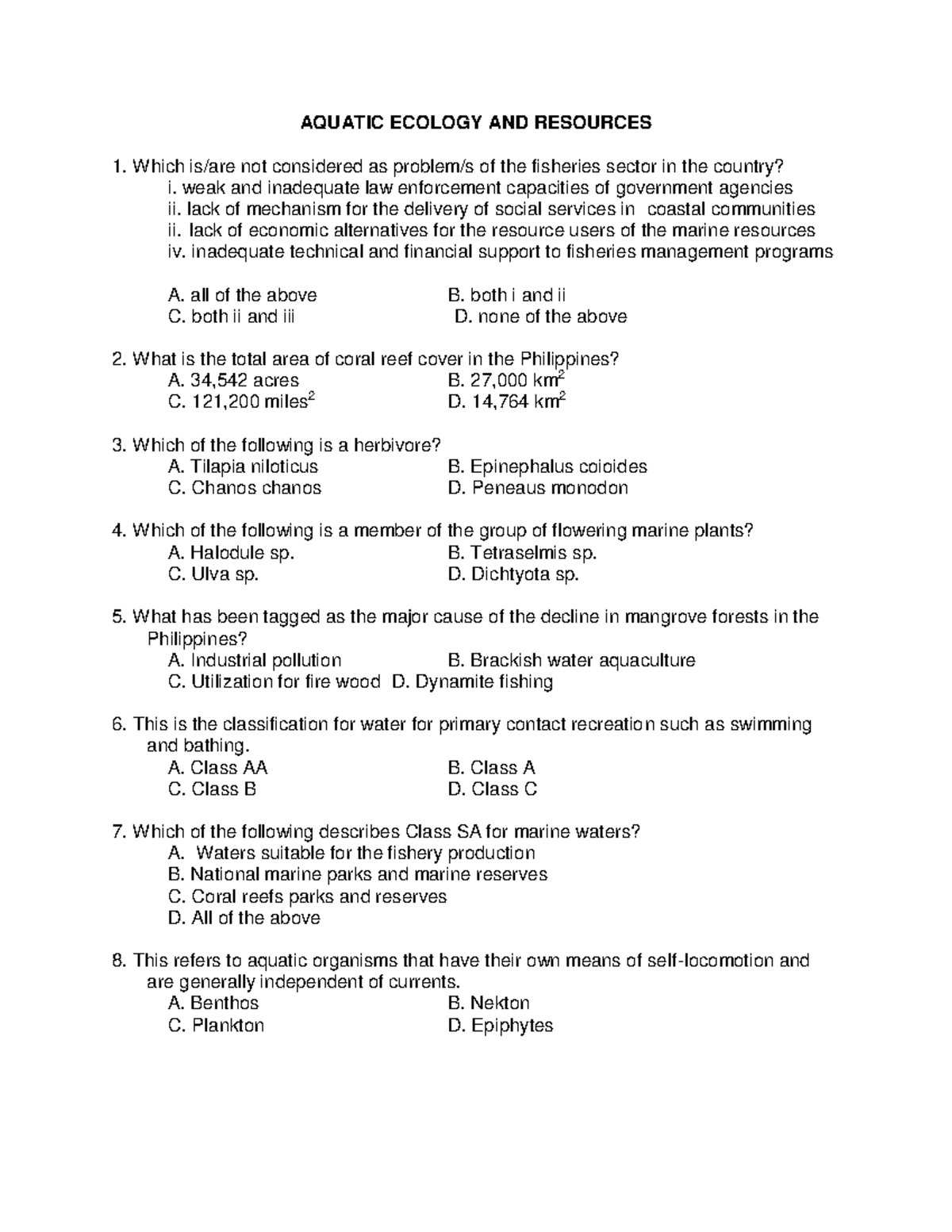 Aquatic Ecology and Resources Quiz (AER 101) - Answer Key Included ...