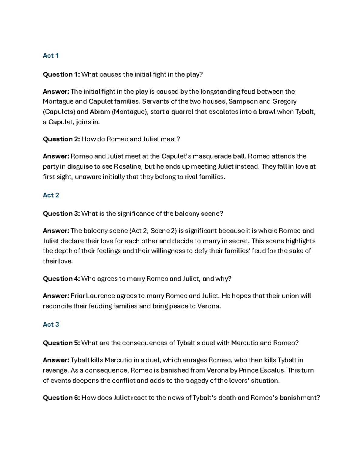 Romeo and Juliet: Q&A Analysis of Key Events and Themes - Studocu
