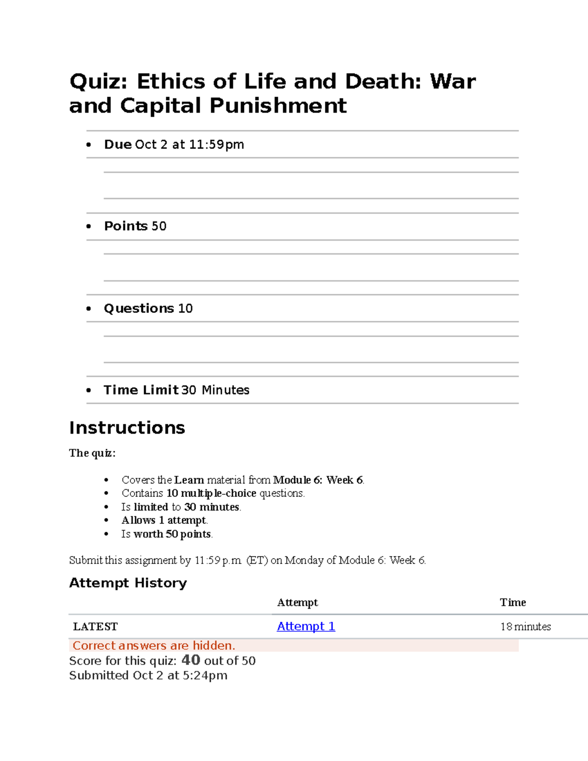 Quiz 6: Ethics of Life and Death - War & Capital Punishment - Studocu