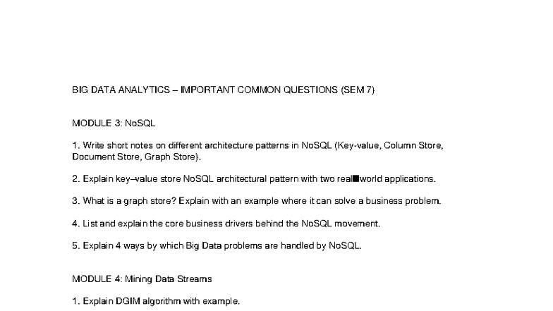 Big Data Analytics Important Questions (SEM 7) - NoSQL & Data Streams - Studocu