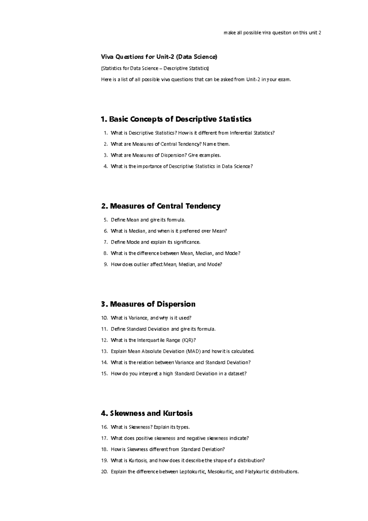 Unit-2 Viva Questions and Answers for Data Science (Stats Focus) - Studocu